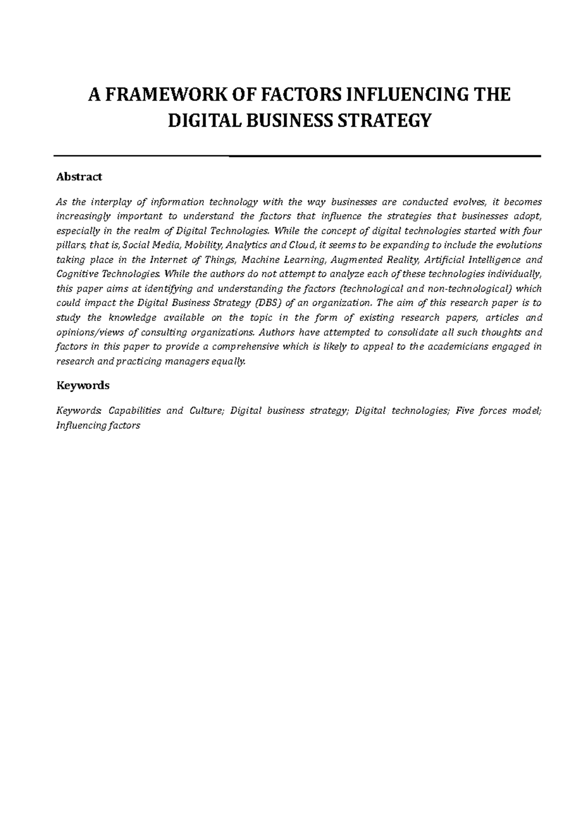 Factors influencing the digital business strategy - A FRAMEWORK OF ...