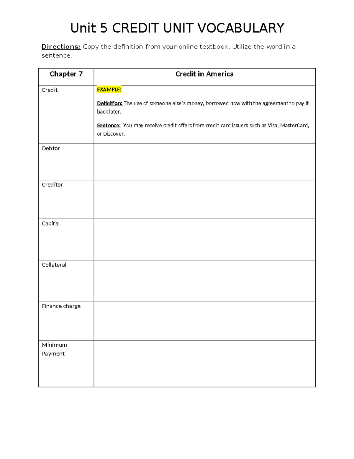 Credit Unit Vocab - n/a - Directions: Copy the definition from your ...