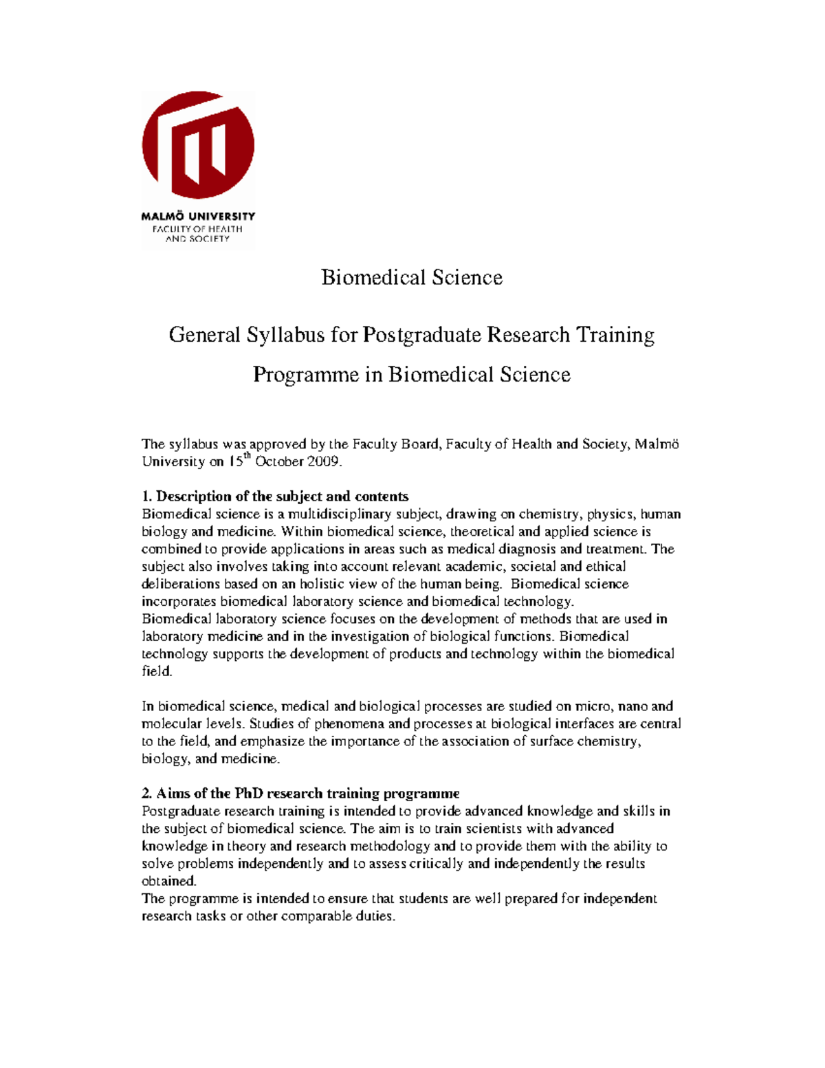 General syllabus for biomedical science - Biomedical Science General ...