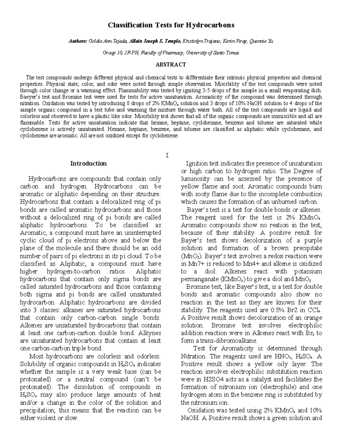 Classification Tests for Hydrocarbons - Classification Tests for ...