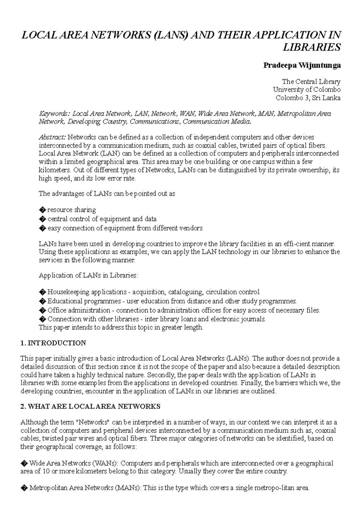 Local AREA Networks (LANS) AND - LOCAL AREA NETWORKS (LANS) AND THEIR APPLICATION IN LIBRARIES ...