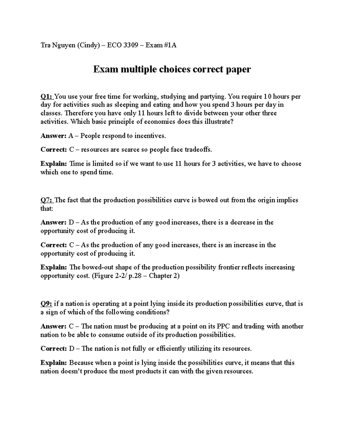Multiple choices correction (exam 1) - Tra Nguyen (Cindy) ECO 3309 Exam ...