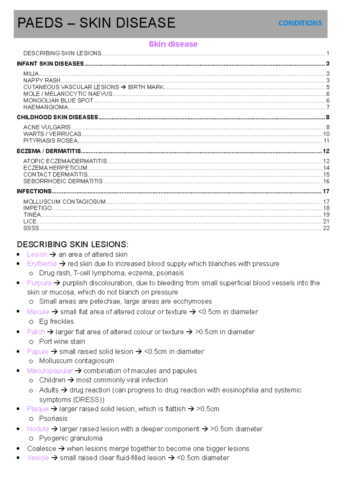 Paediatric Skin disease - Skin disease DESCRIBING SKIN - Studocu