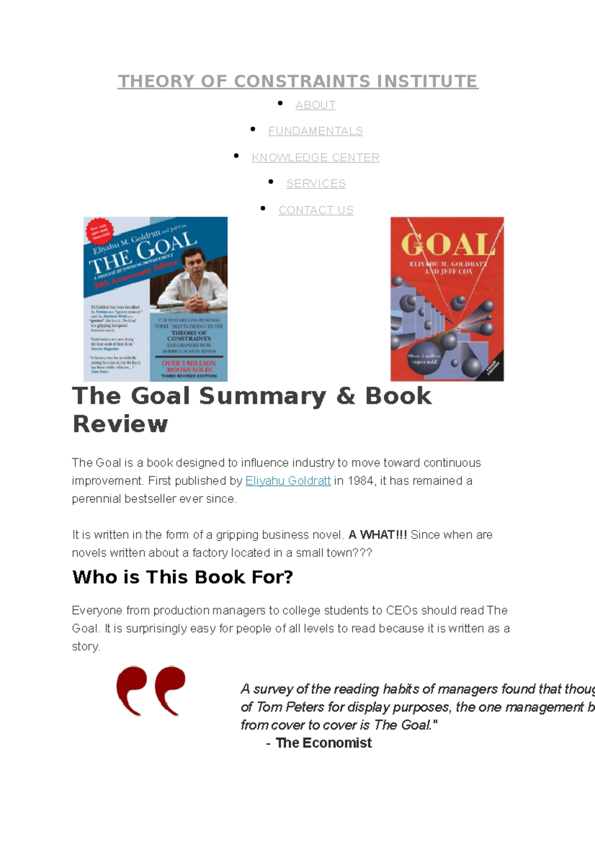 The Goal novel Summary - THEORY OF CONSTRAINTS INSTITUTE ABOUT ...