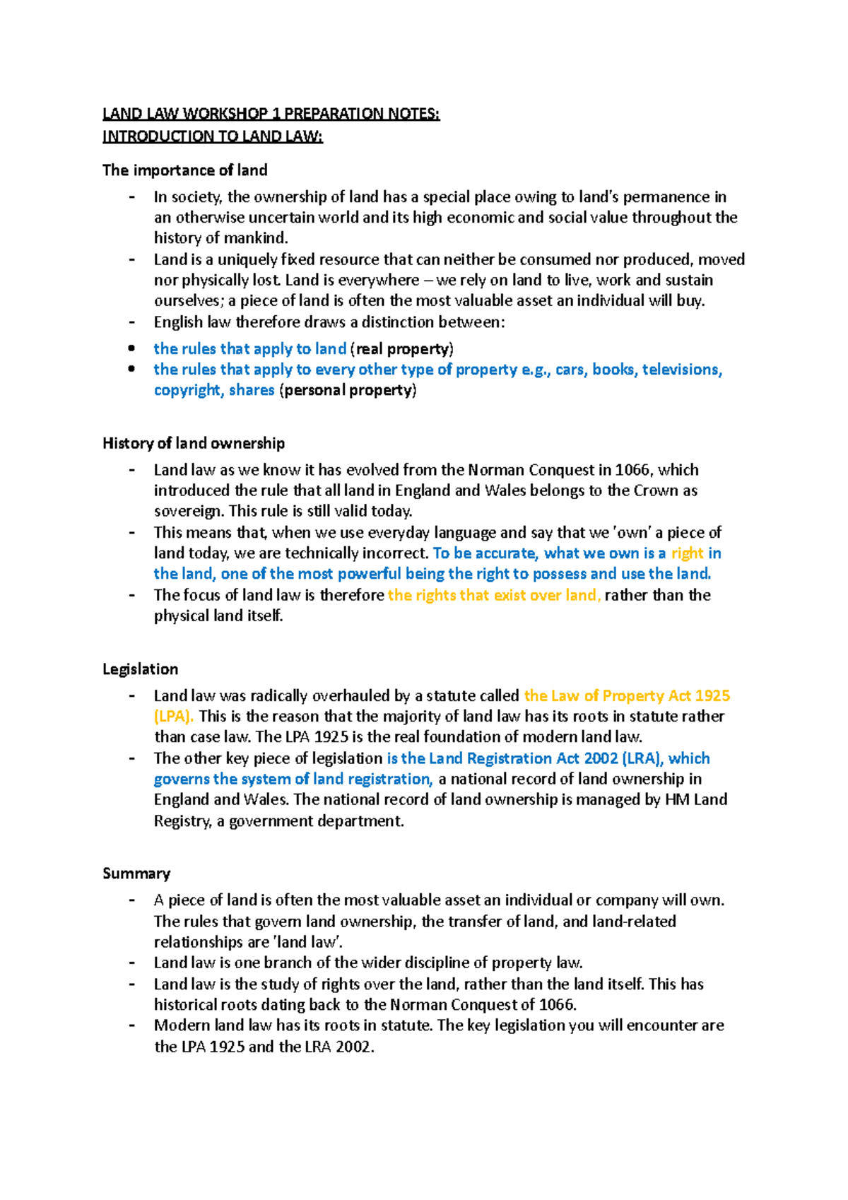 Land law workshop 1 preparation notes - LAND LAW WORKSHOP 1 PREPARATION ...