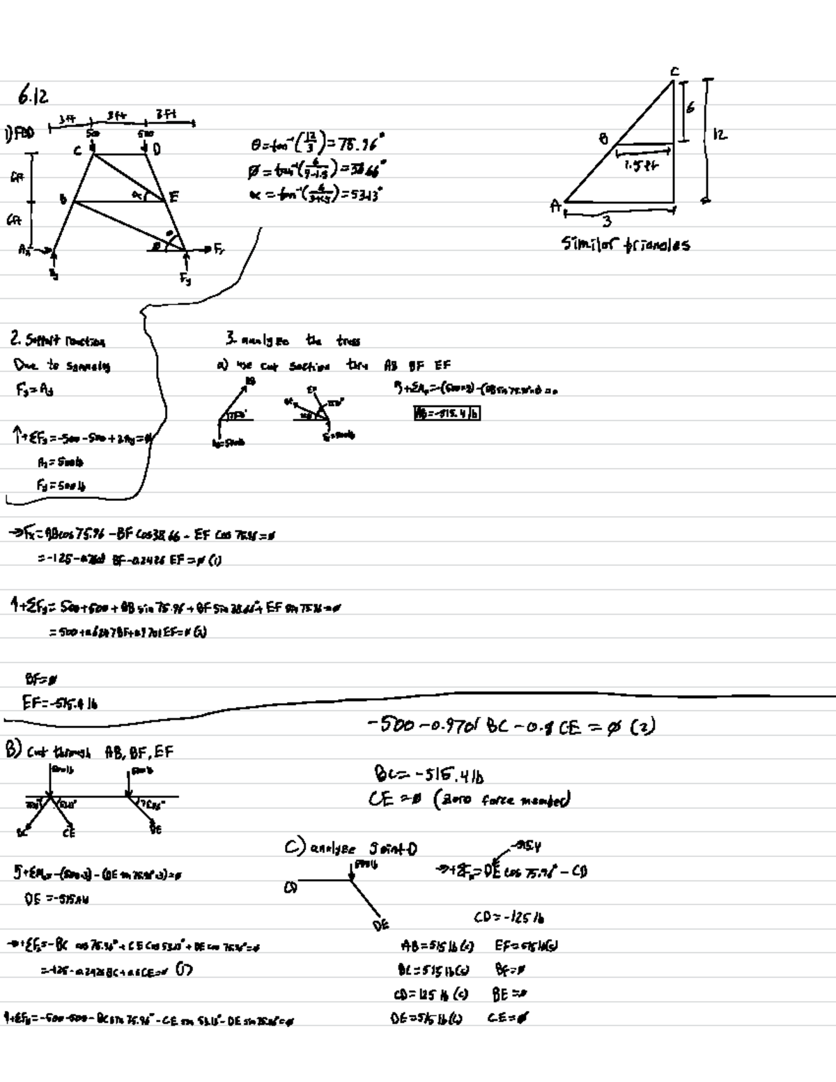 Truss analysis practice - L 3 ft 3 ft 3ft fB An 508 An 500 12 ####### c ...
