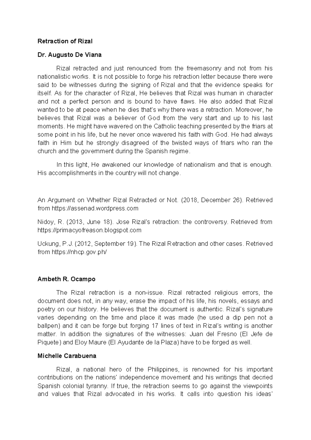 History- Perspectives - Retraction of Rizal Dr. Augusto De Viana Rizal ...