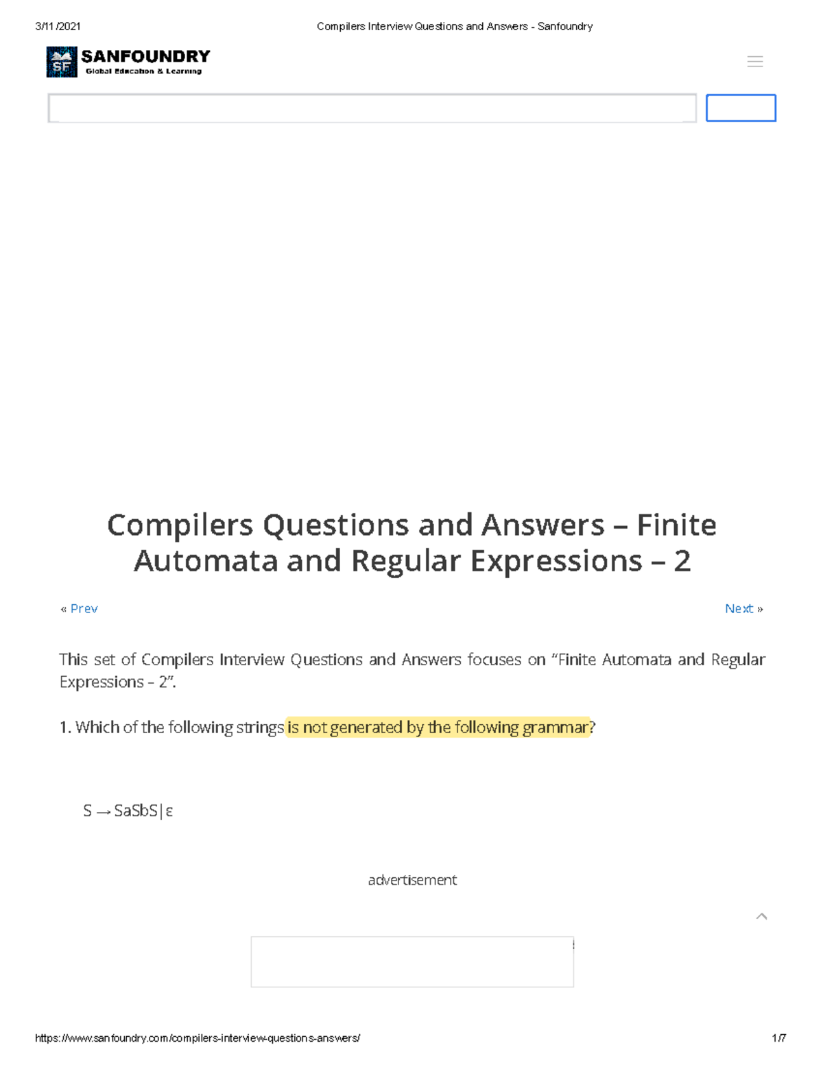 Compilers Interview Questions and Answers - Sanfoundry - « Prev Next » Compilers Questions and ...