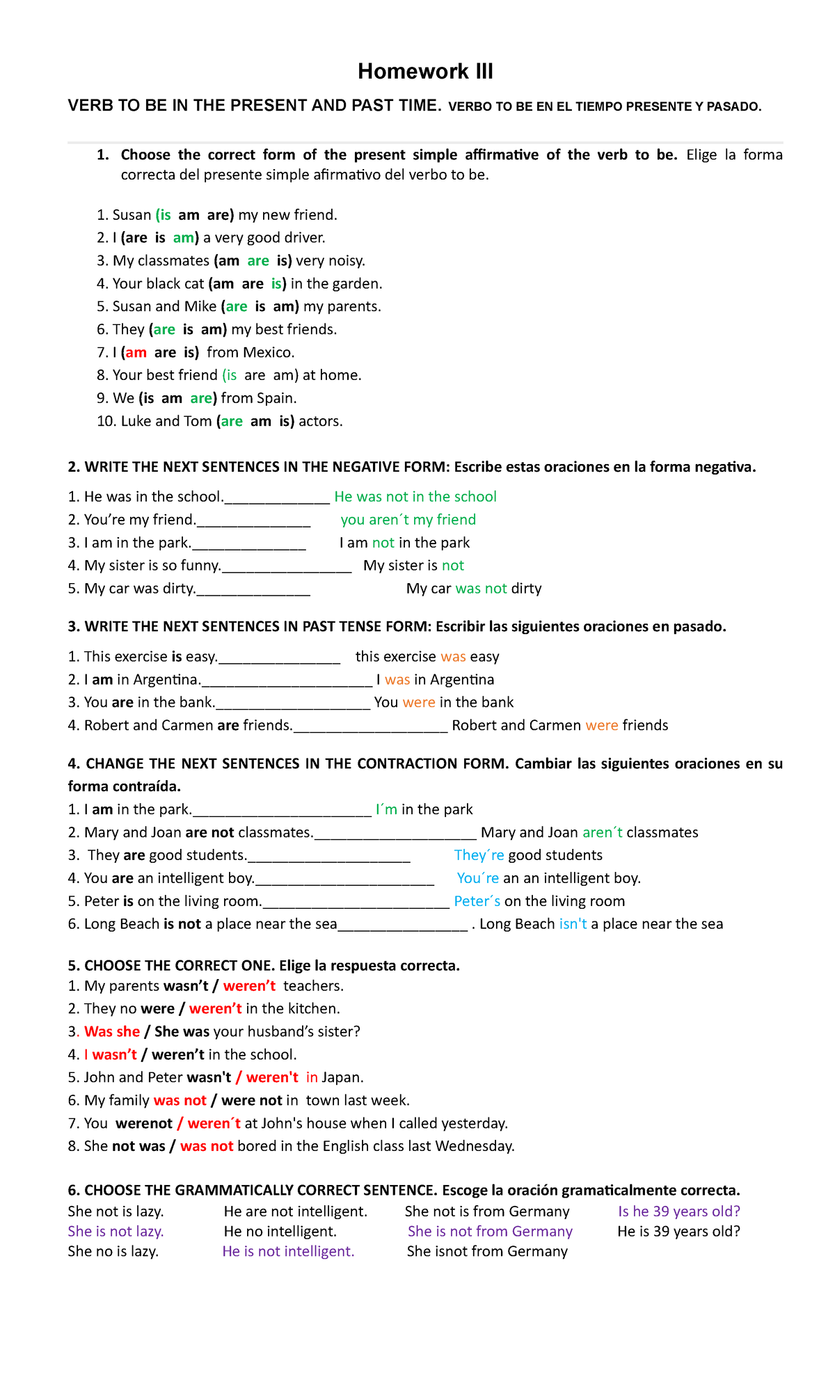 Ejercitario III - Tarea de ingle - Homework III VERB TO BE IN THE ...