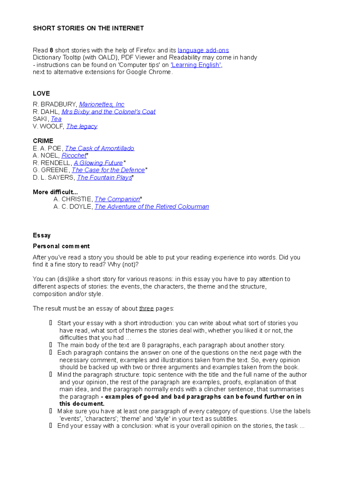 Short Stories(Personal Comment) - SHORT STORIES ON THE INTERNET Read 8 ...