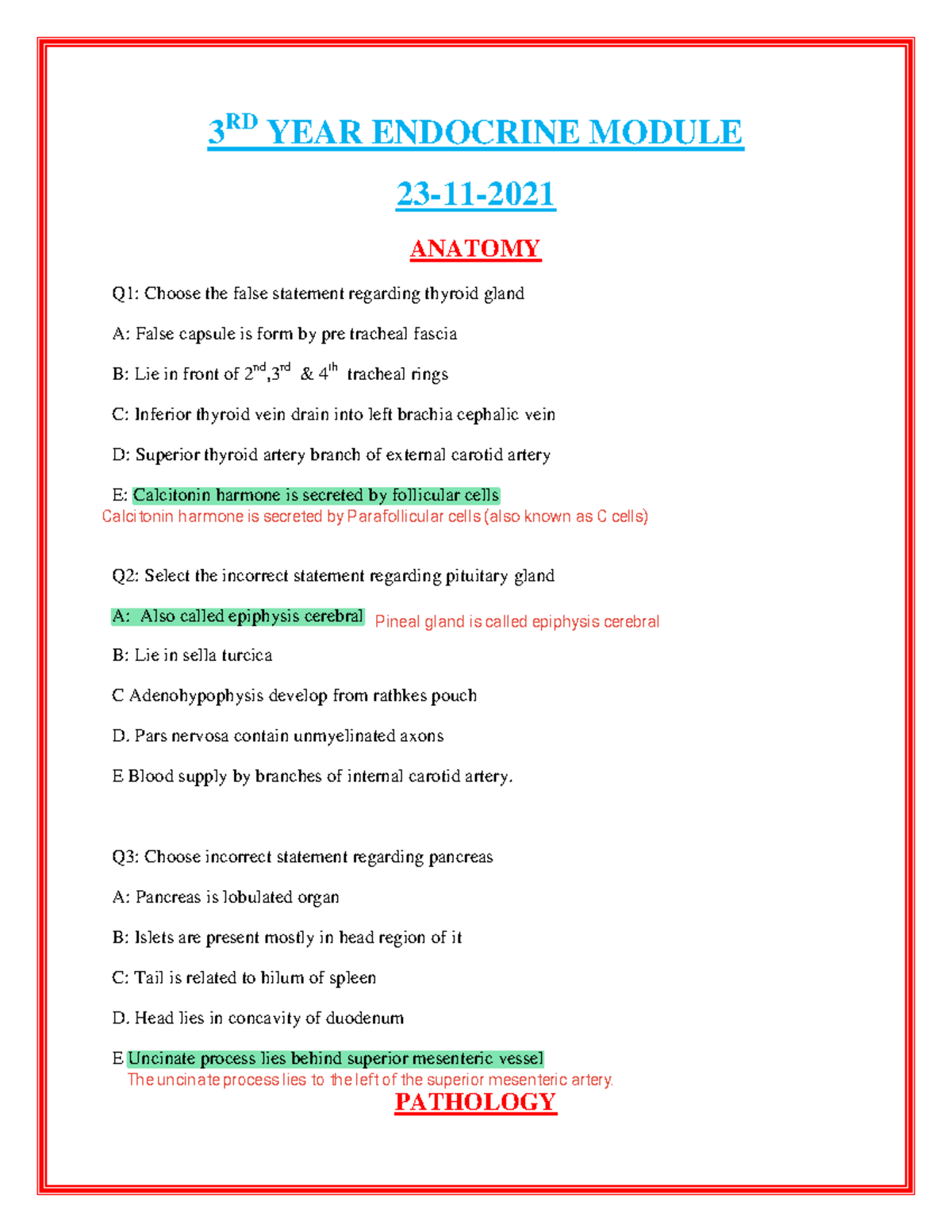 Solved D24 3rd YEAR Endocrine Module - 3 RD YEAR ENDOCRINE MODULE 23-11 ...
