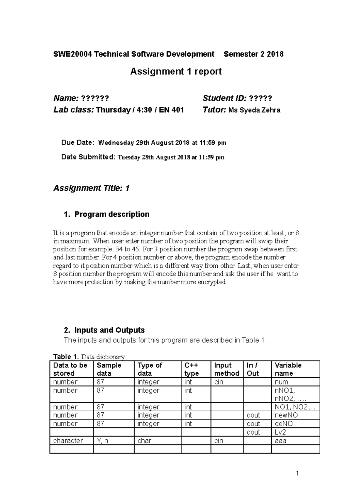 SWE2000 4 Assignment Report Template - SWE20004 Technical Software ...