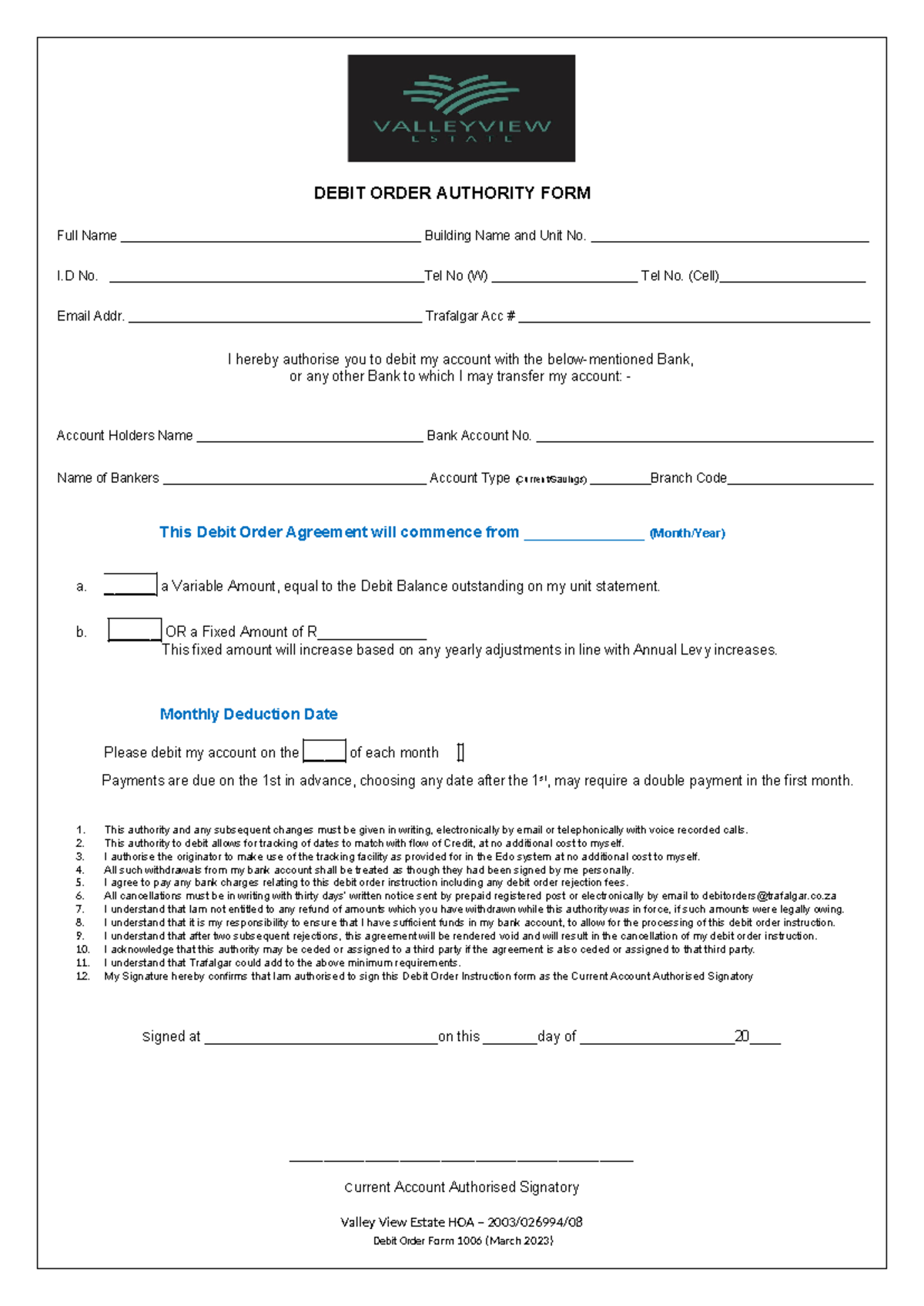 Debit order form 1006 - DEBIT ORDER AUTHORITY FORM Full Name - Studocu