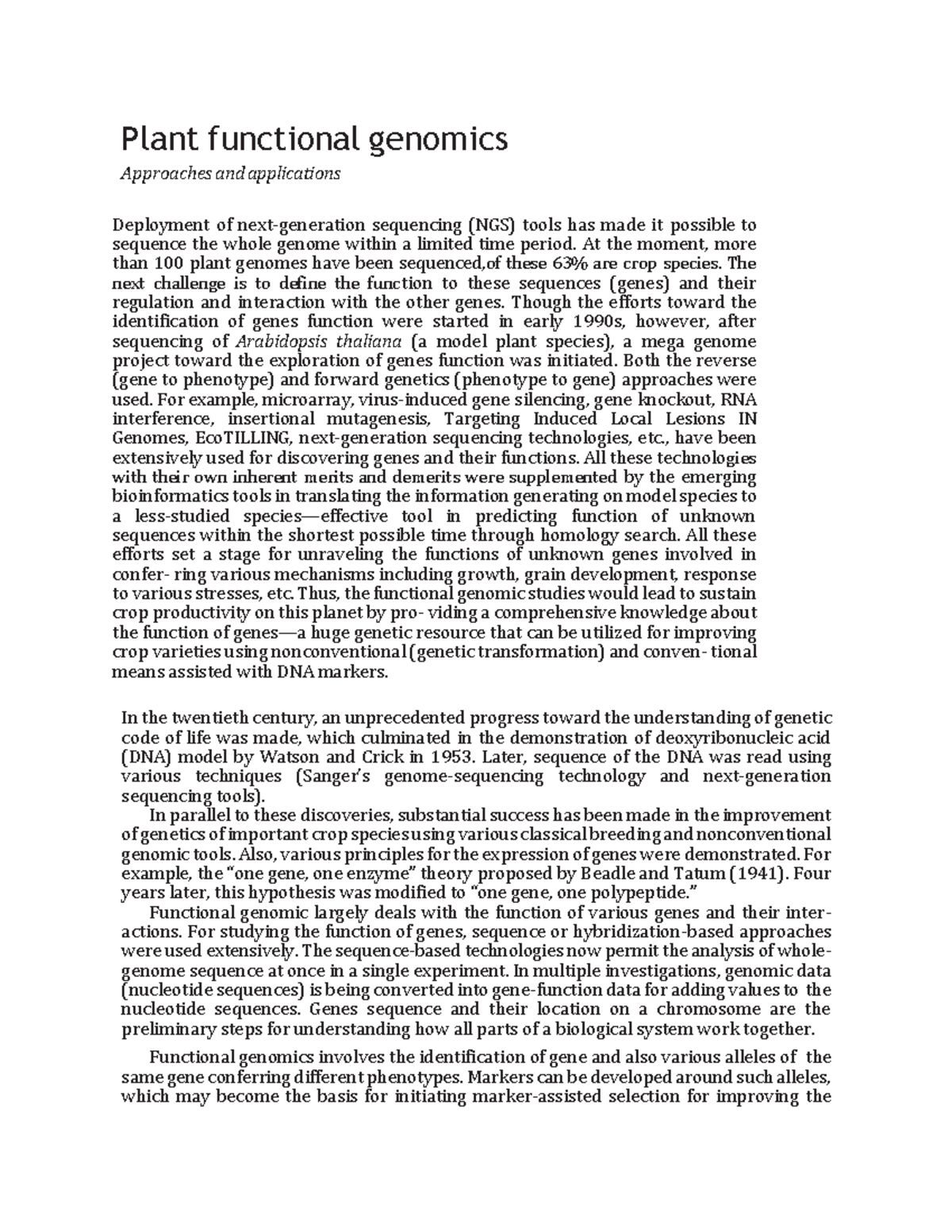 Plant functional genomics - Plant functional genomics Approaches and applications Deployment of ...
