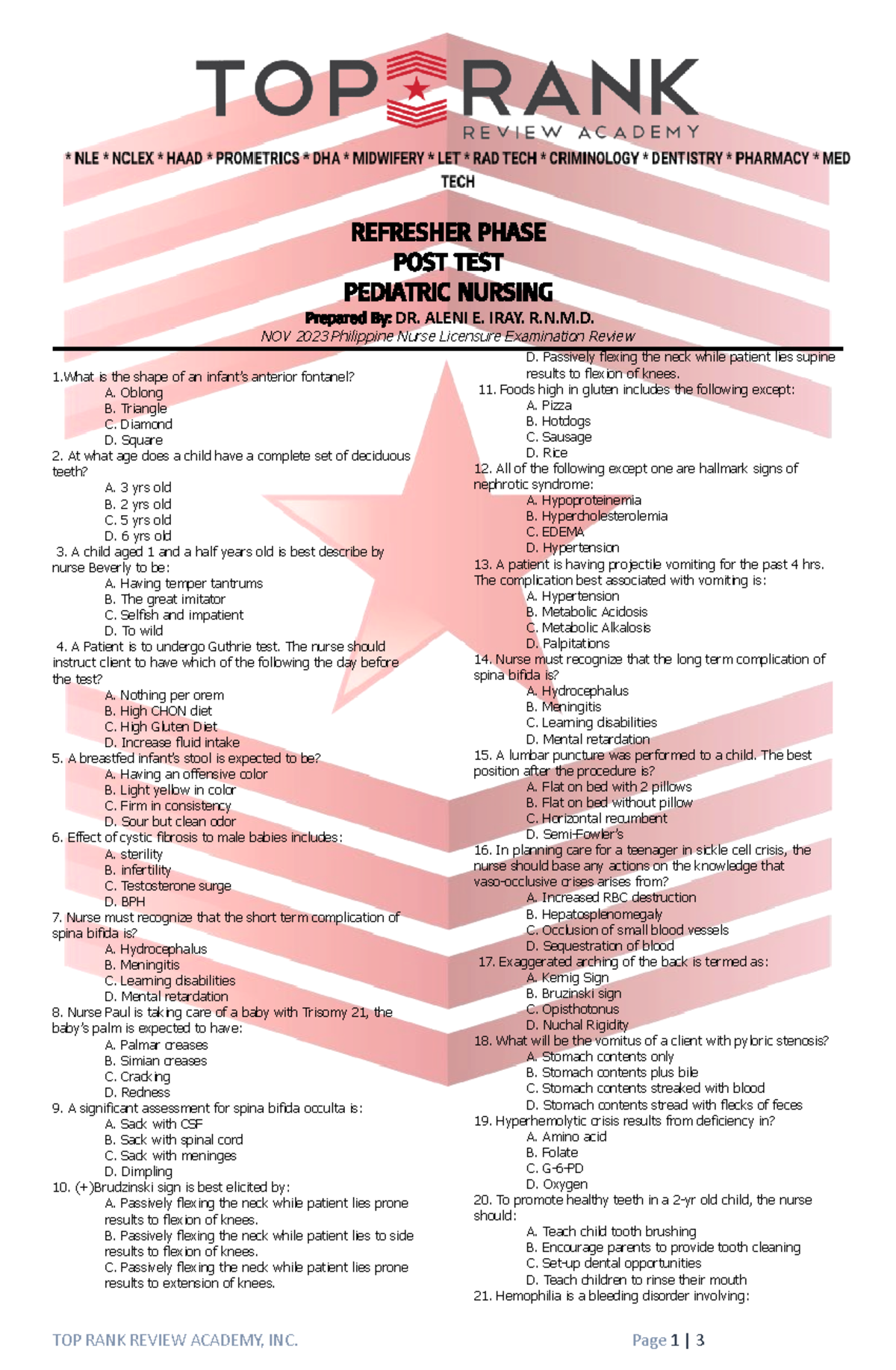 POST TEST- Pedia- DR. IRAY- SC - REFRESHER PHASE POST TEST PEDIATRIC ...