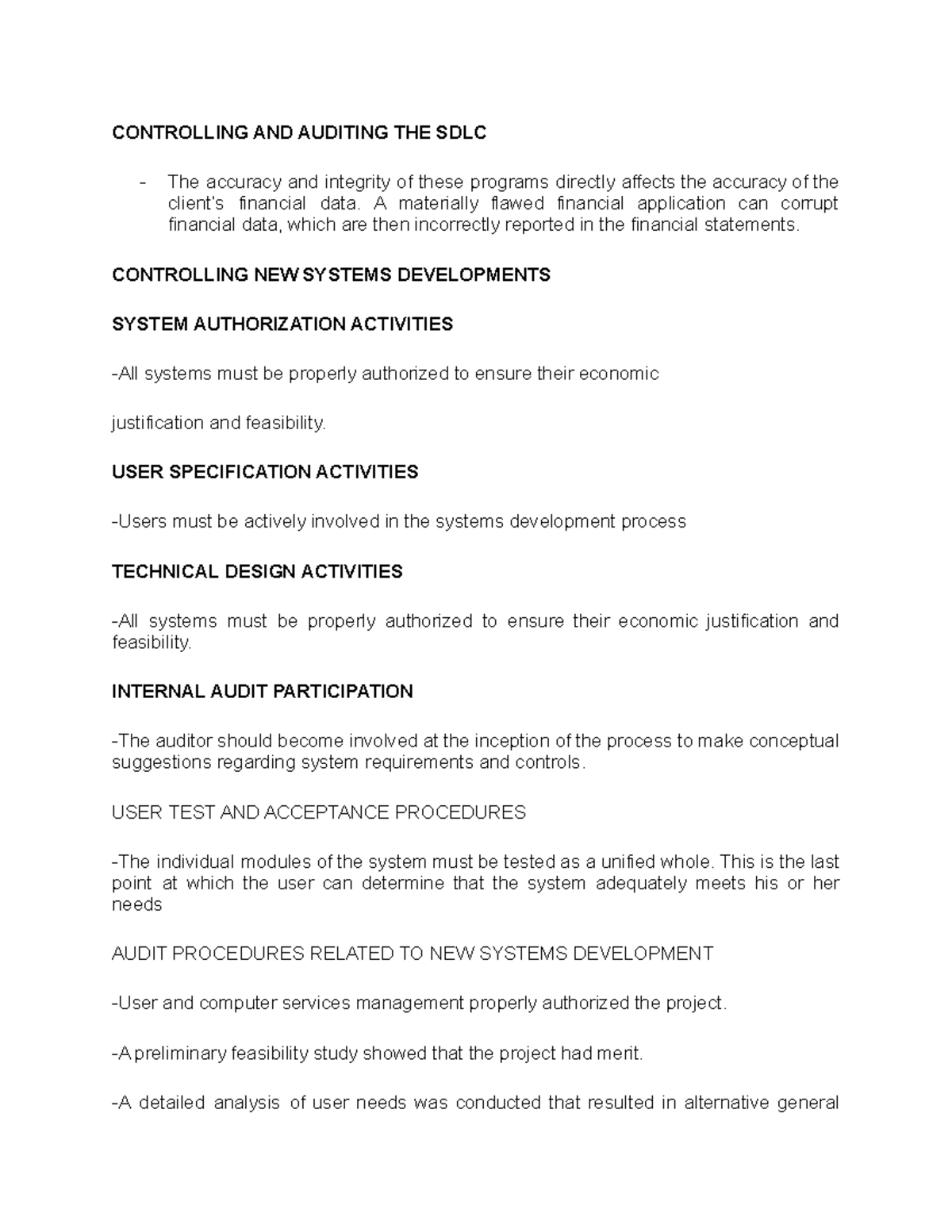 Controlling AND Auditing THE SDLC- notes - CONTROLLING AND AUDITING THE ...