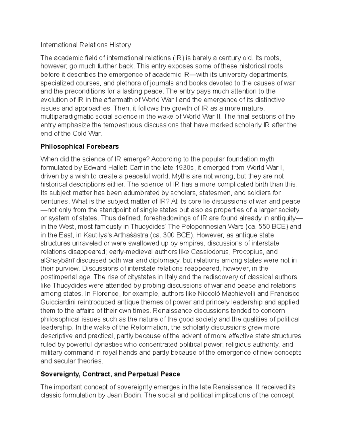 International Relations History - Its roots, however, go much further ...