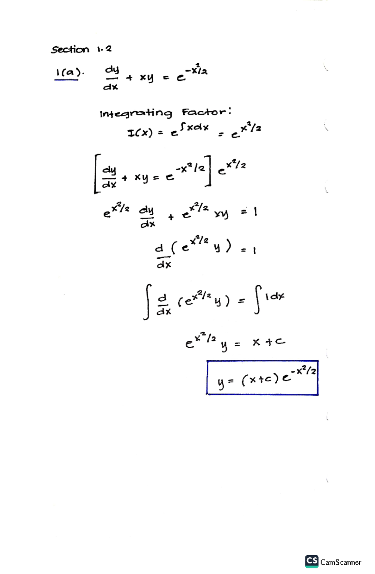 Assignment No 1 - Solution to a problem - section 1 1(a). dy + = e-x12 ...