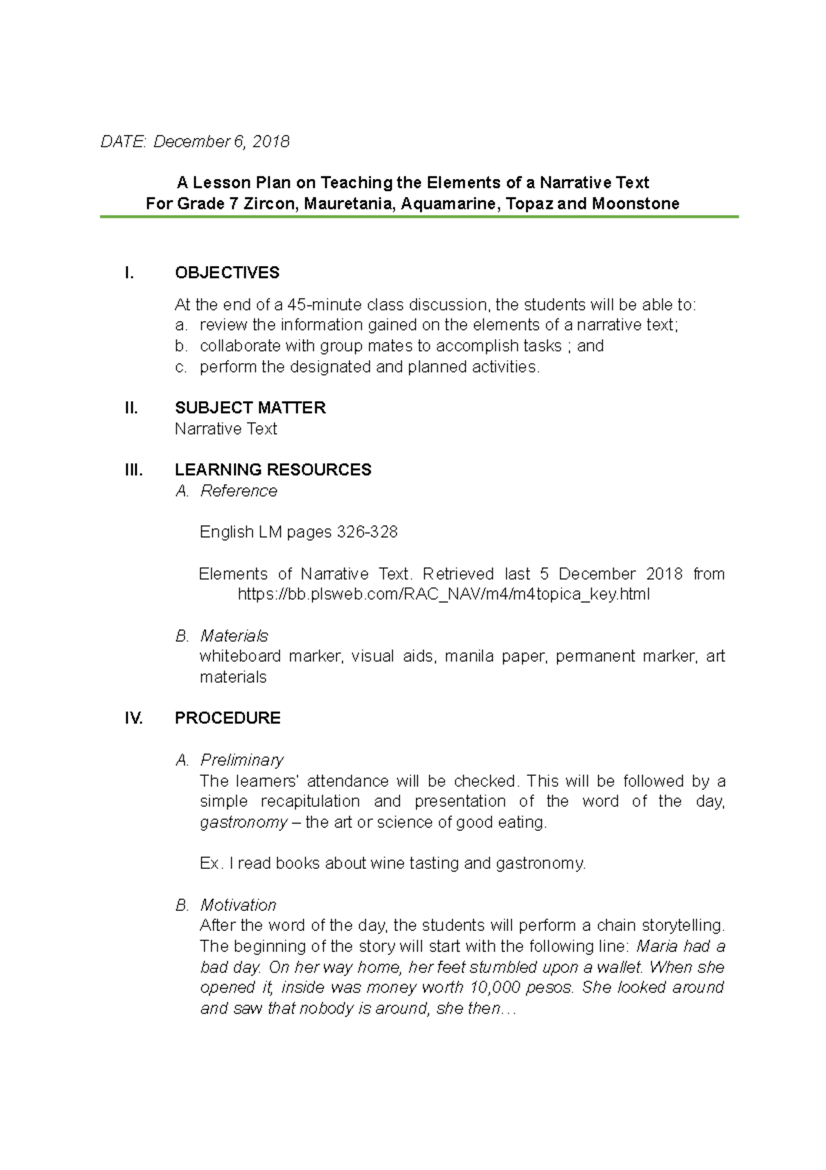 12-06-2018 Elements of Narrative Text - DATE: December 6, 2018 A Lesson ...