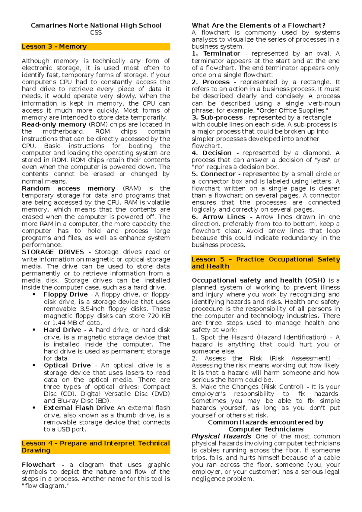 TLE 8 CSS Reviewer - Camarines Norte National High School CSS Lesson 3 ...