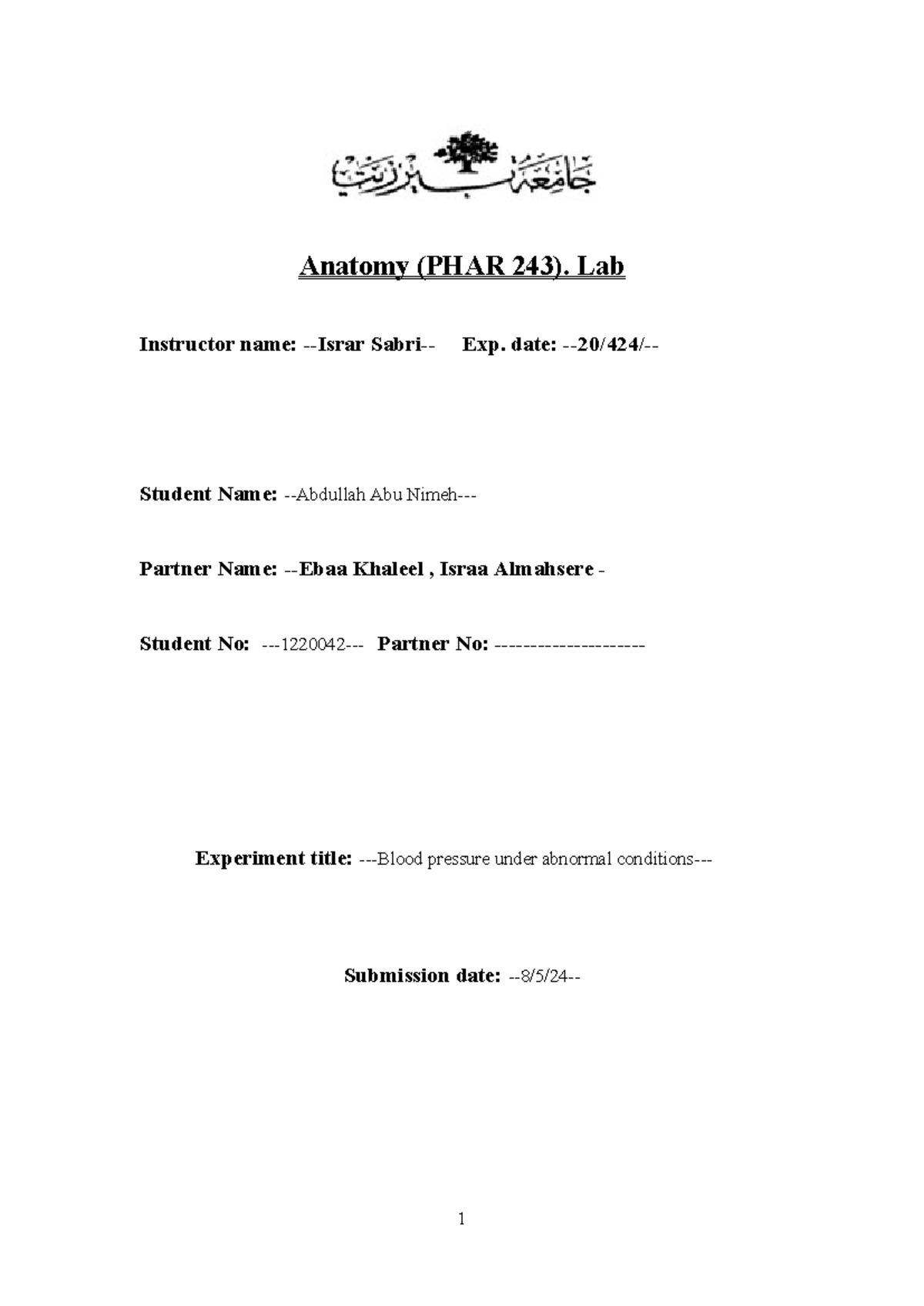 CHEM+221-Report+form-2024 - Anatomy (PHAR 243). Lab Instructor name ...