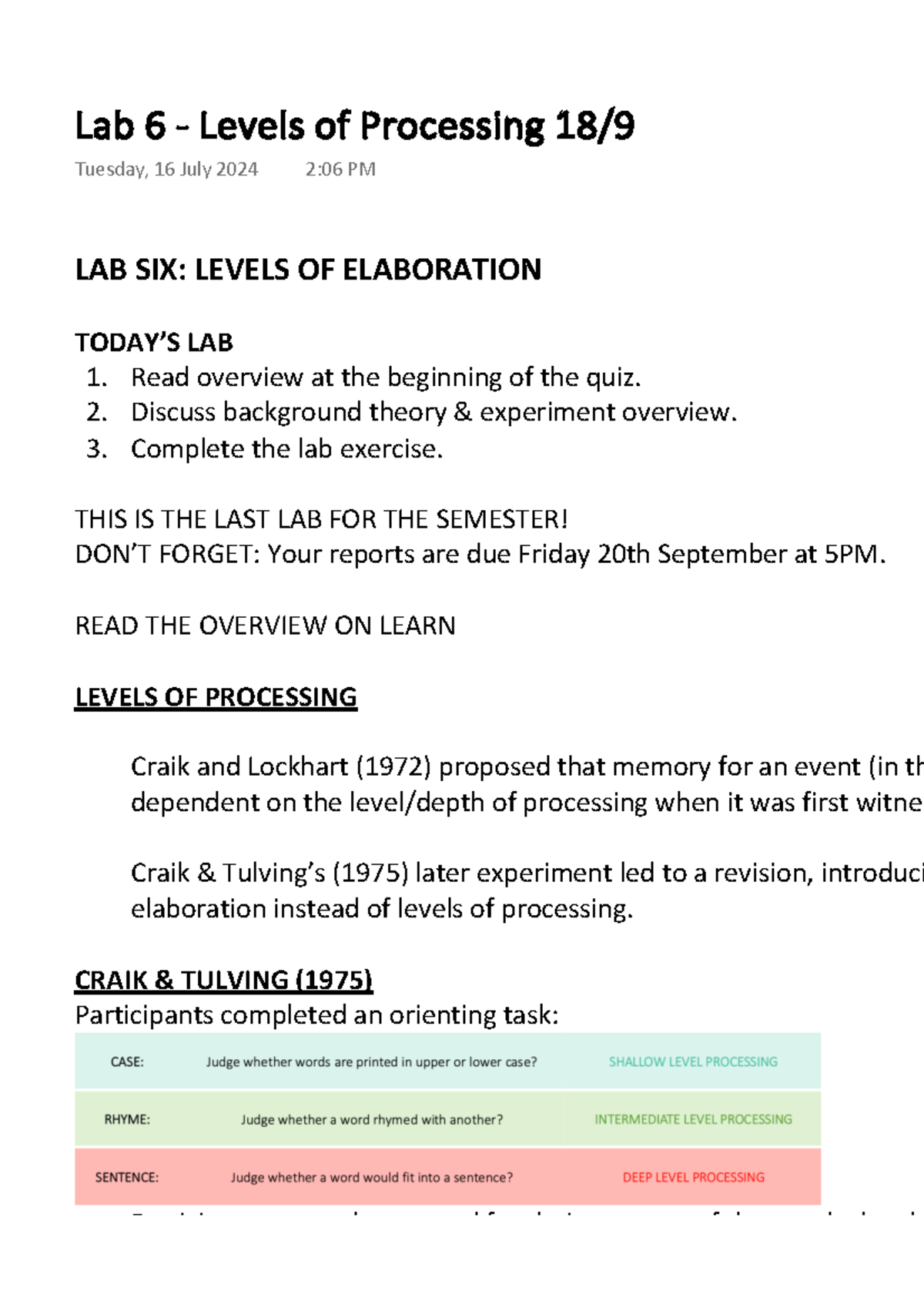 Lab 6 - Levels of Processing psyc208 - LAB SIX: LEVELS OF ELABORATION ...