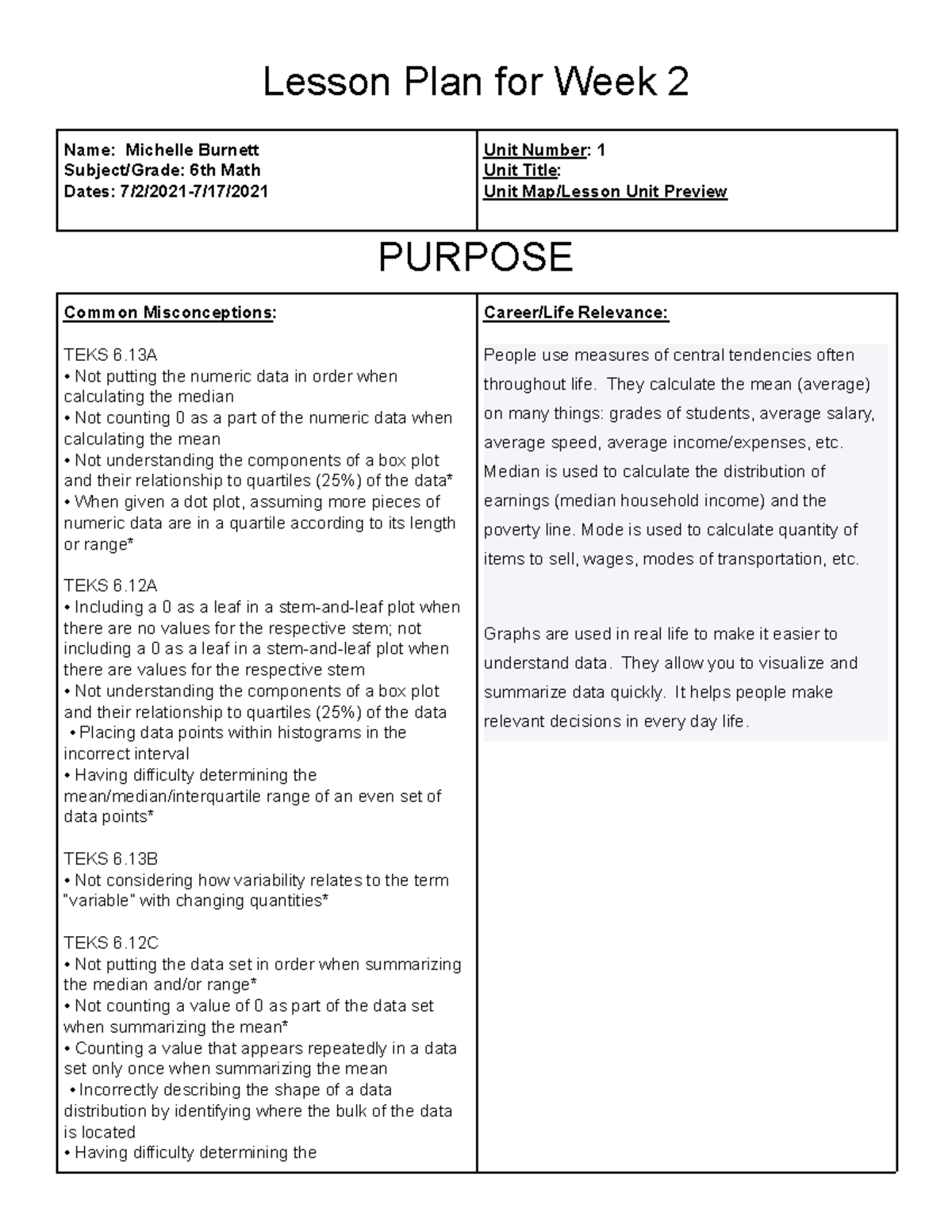 Lesson Plan for Week 2 - They calculate the mean (average) on many ...