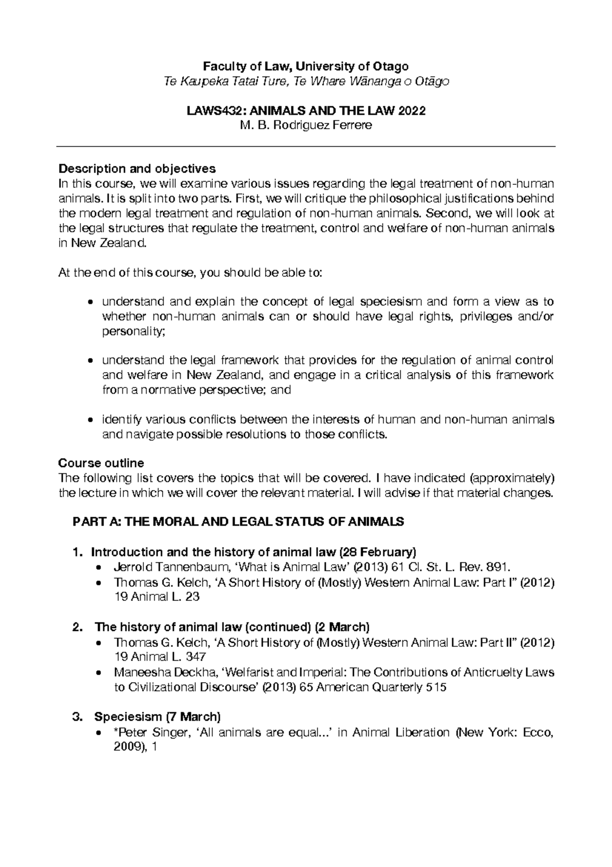 Animal Law Course Outline - Faculty of Law, University of Otago Te ...