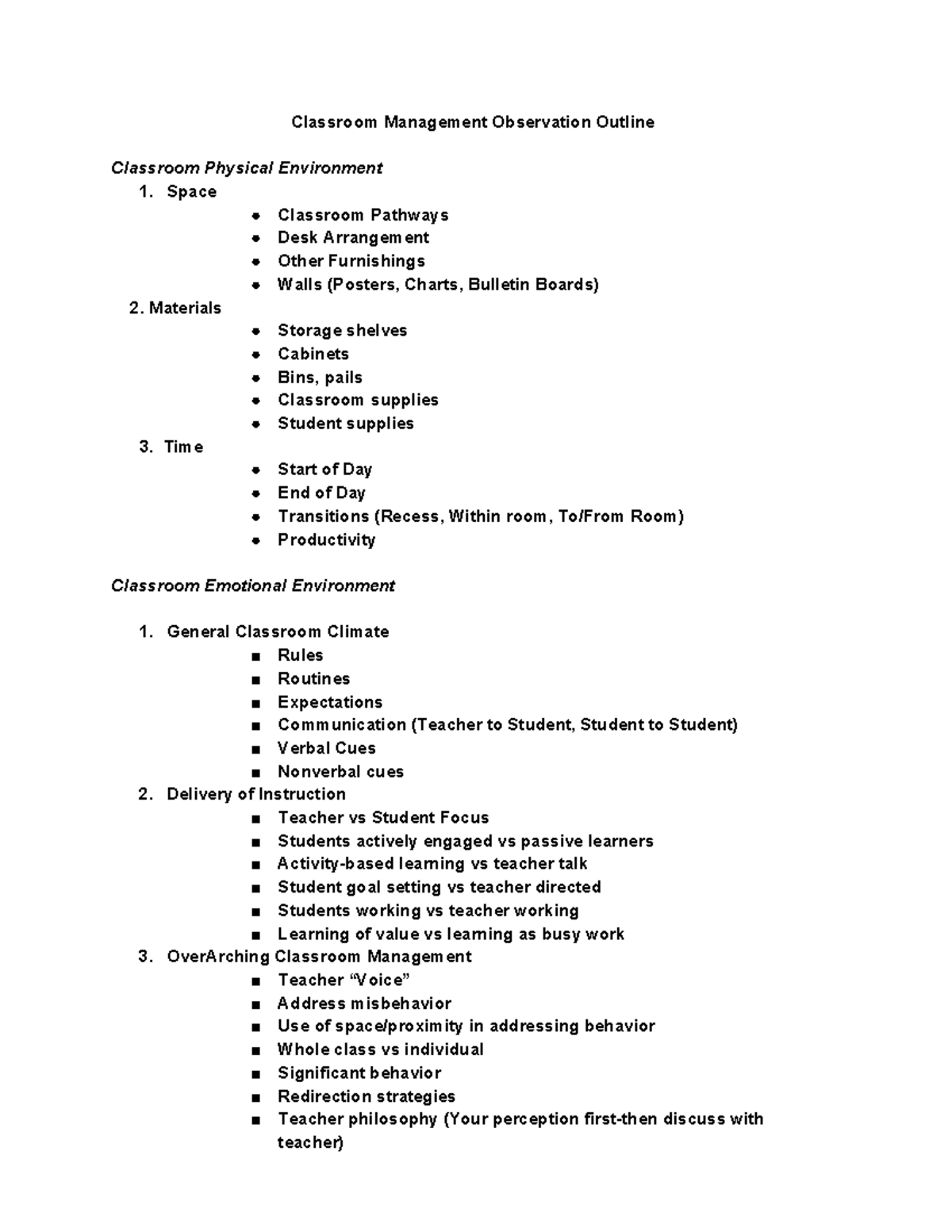 Classroom Management Observation Overview - Classroom Management ...