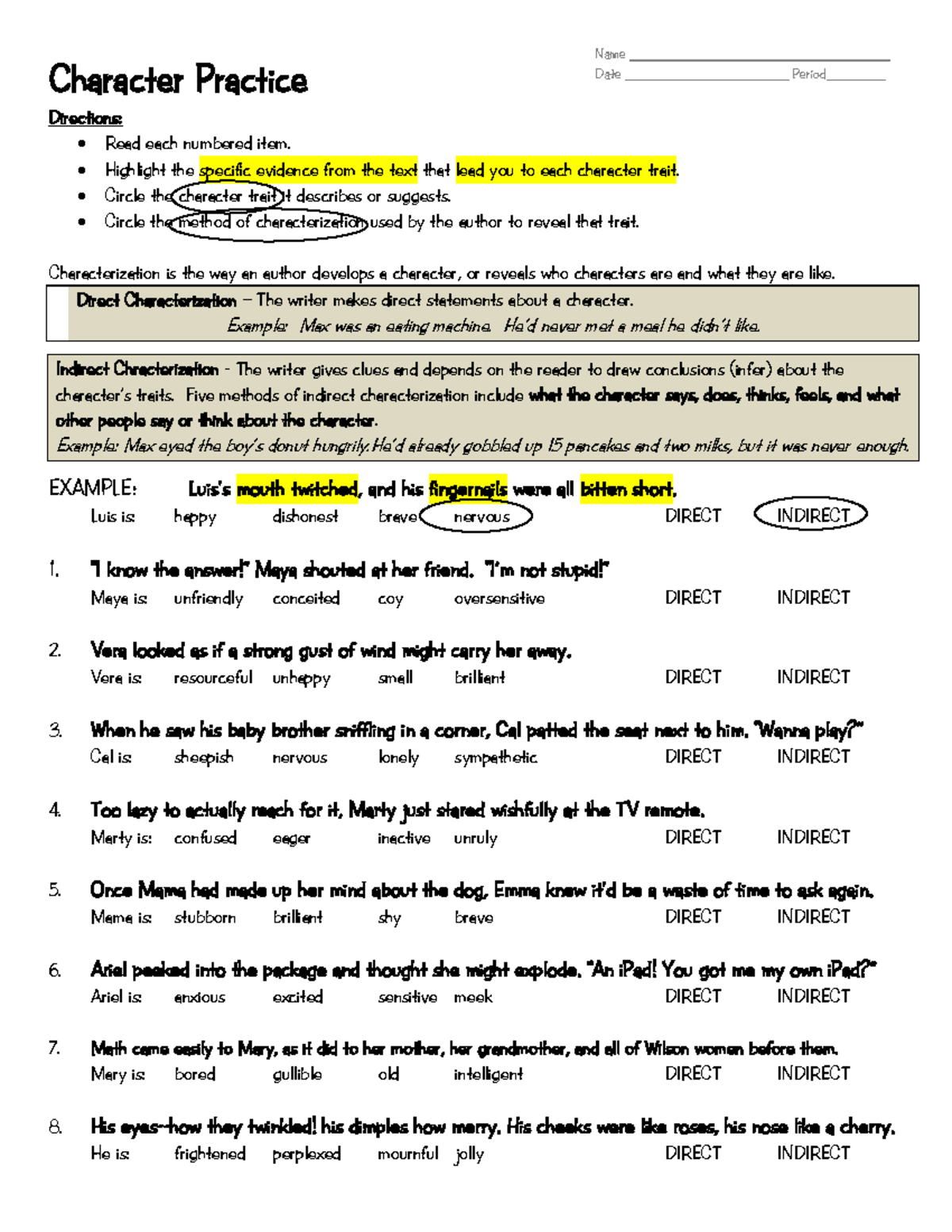 Characterization Wrkst - Character Practice Directions: Read each ...