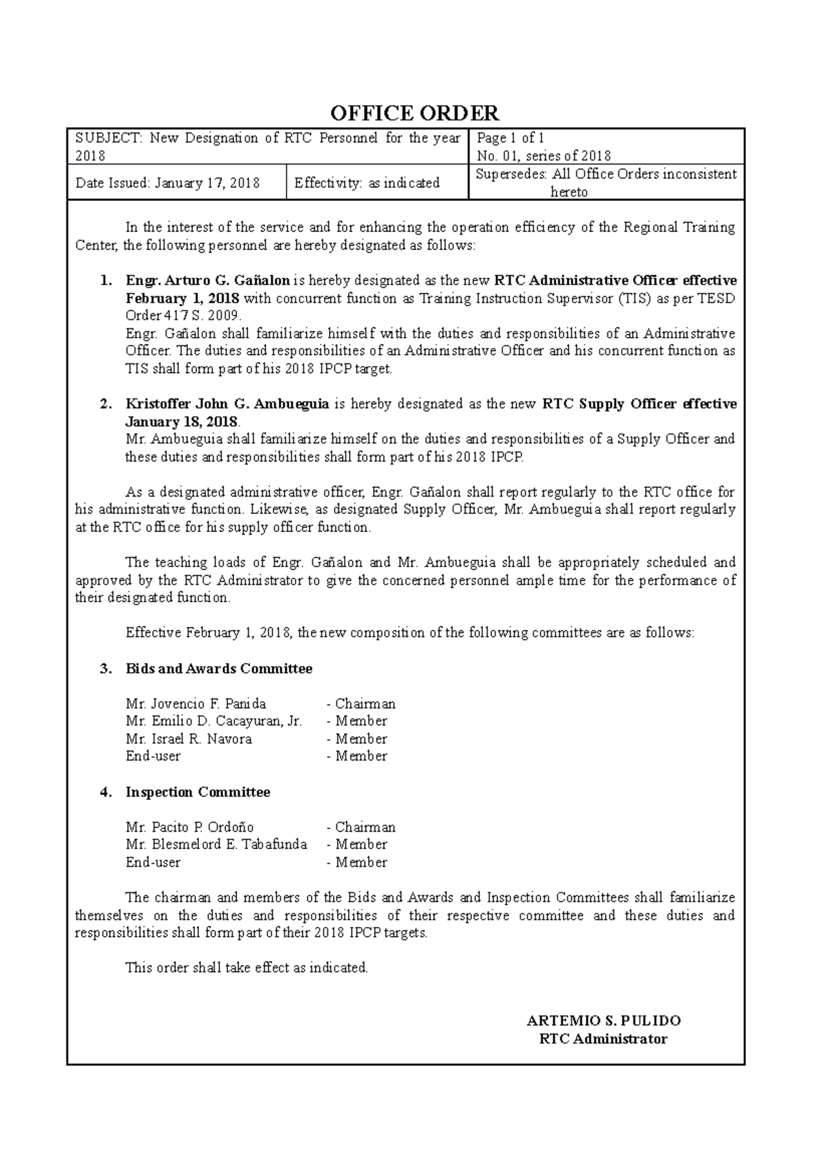 Office Order 2018 - for reference - OFFICE ORDER SUBJECT: New ...