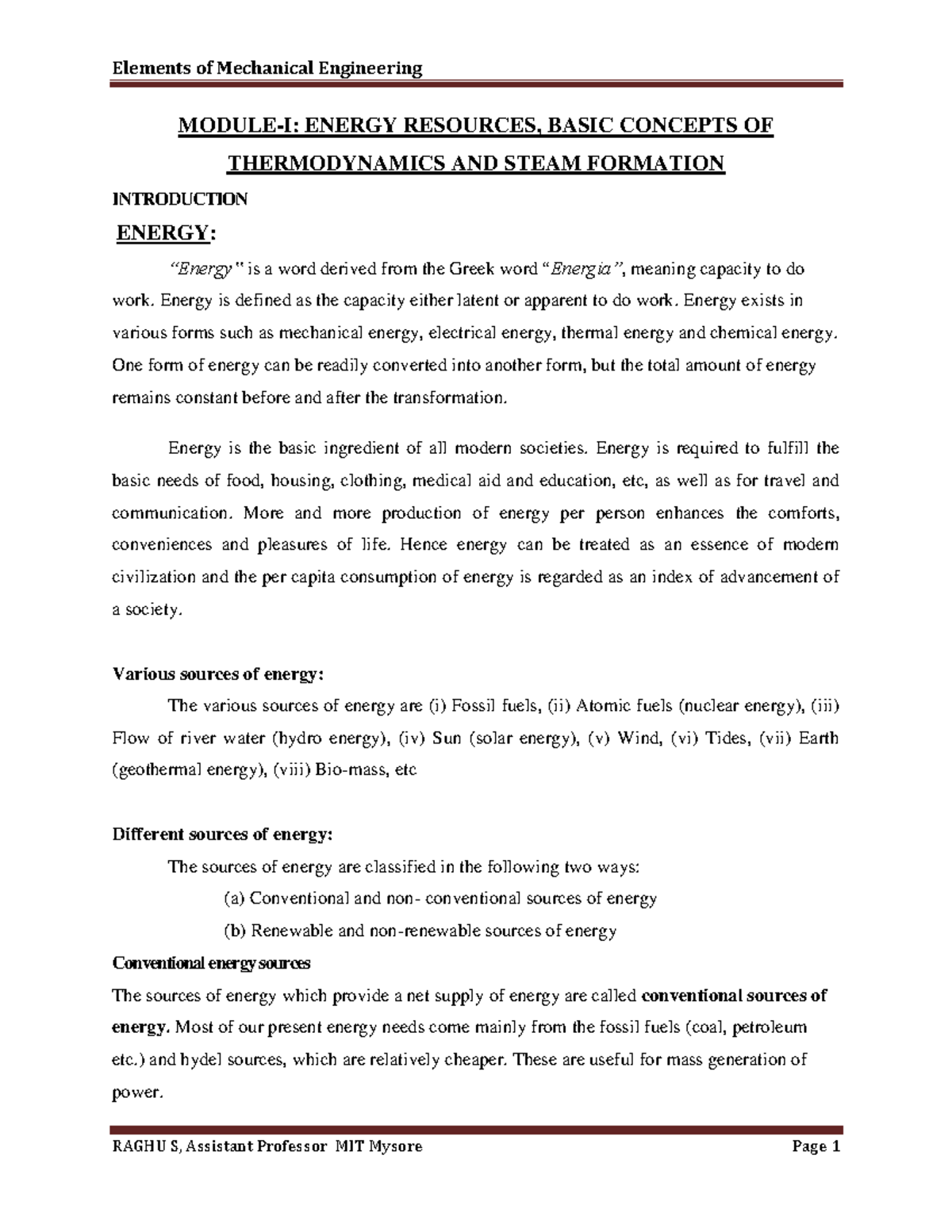 Elements of mechanical engineering - MODULE-I: ENERGY RESOURCES, BASIC CONCEPTS OF ...