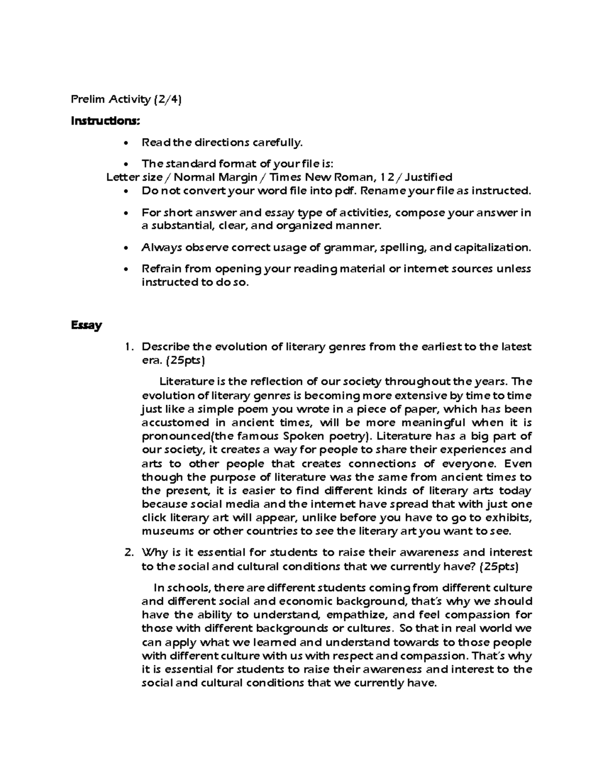 Evolution OF Literary Genres - Prelim Activity (2/4) Instructions: Read ...