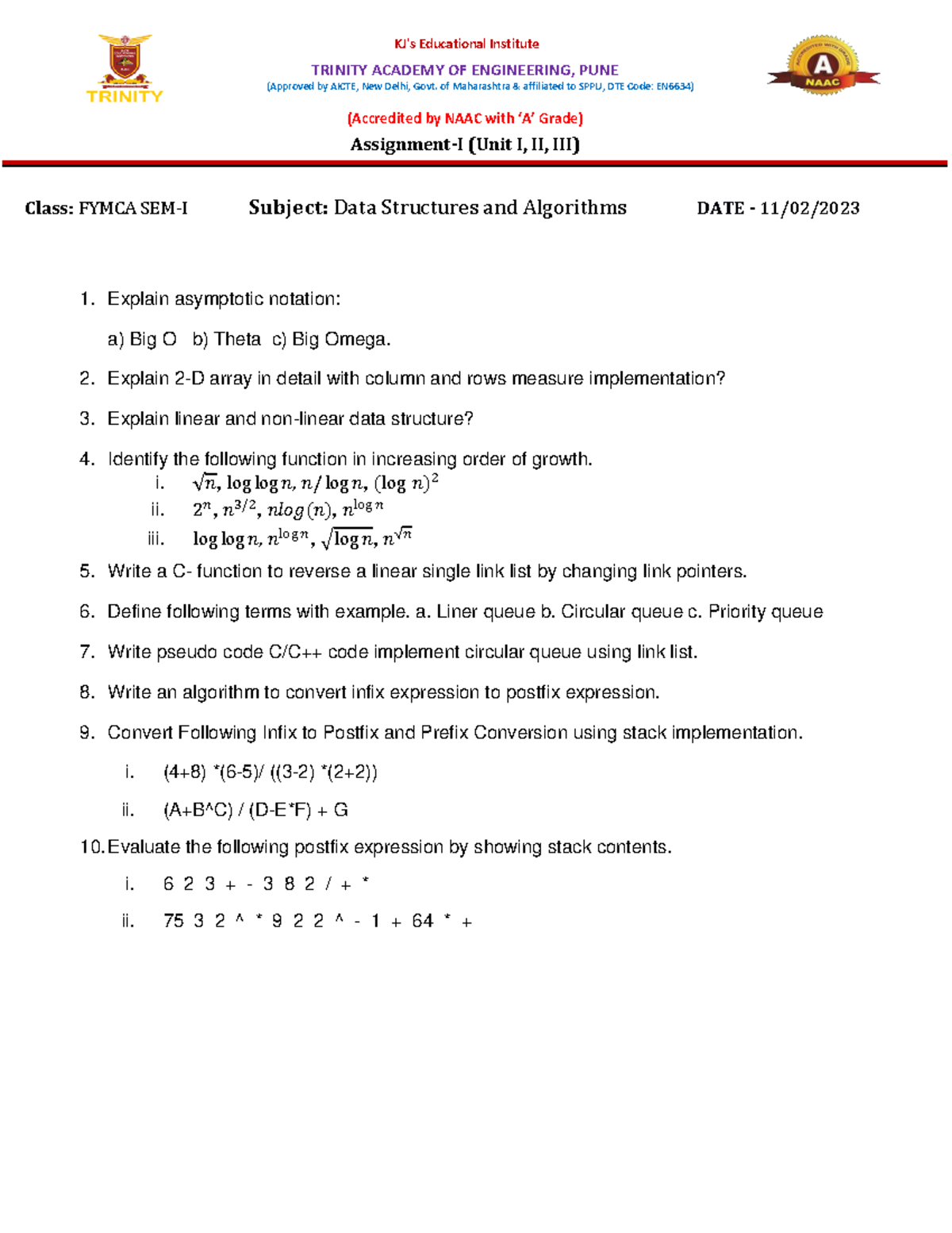 Theory Assignment 1 - KJ's Educational Institute (Approved by AICTE, New Delhi, Govt. of ...