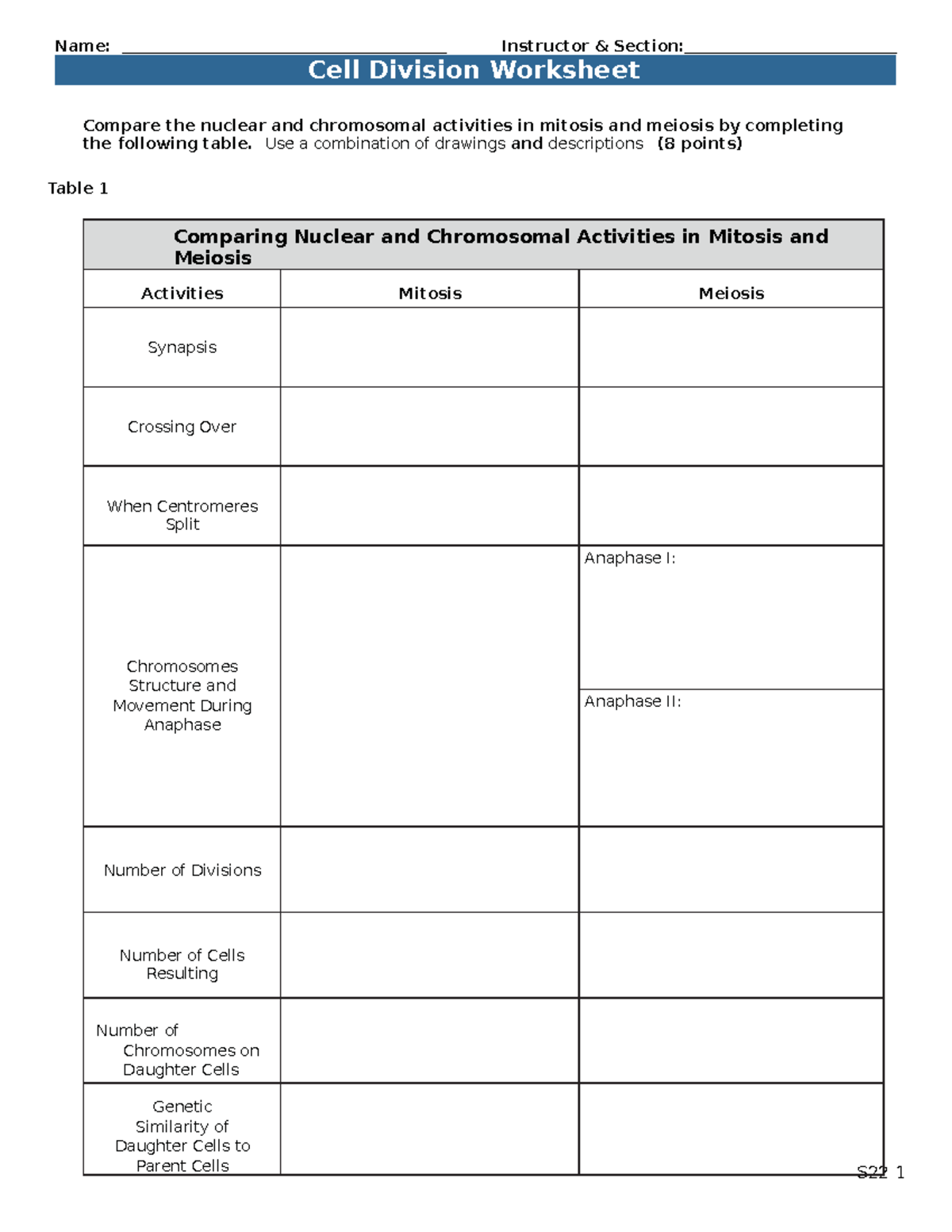 Cell Division Worksheet for biology - Compare the nuclear and ...