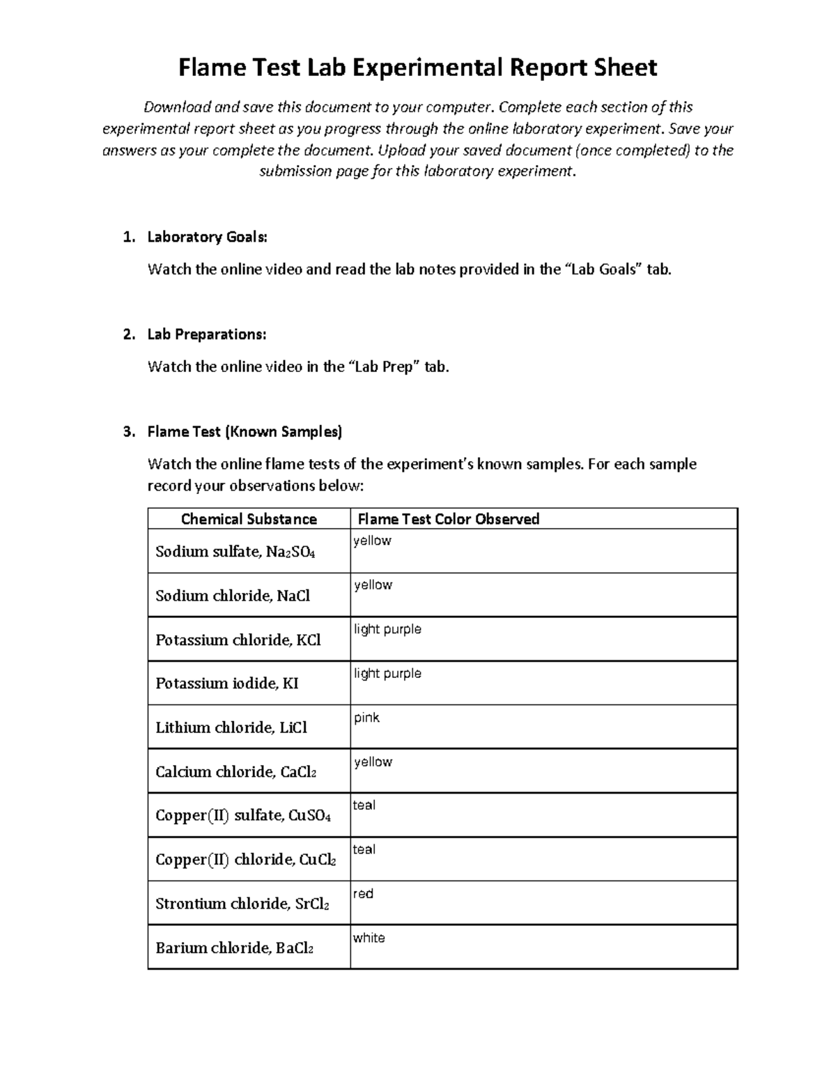 Flame test lab - Flame Test Lab Experimental Report Sheet Download and ...