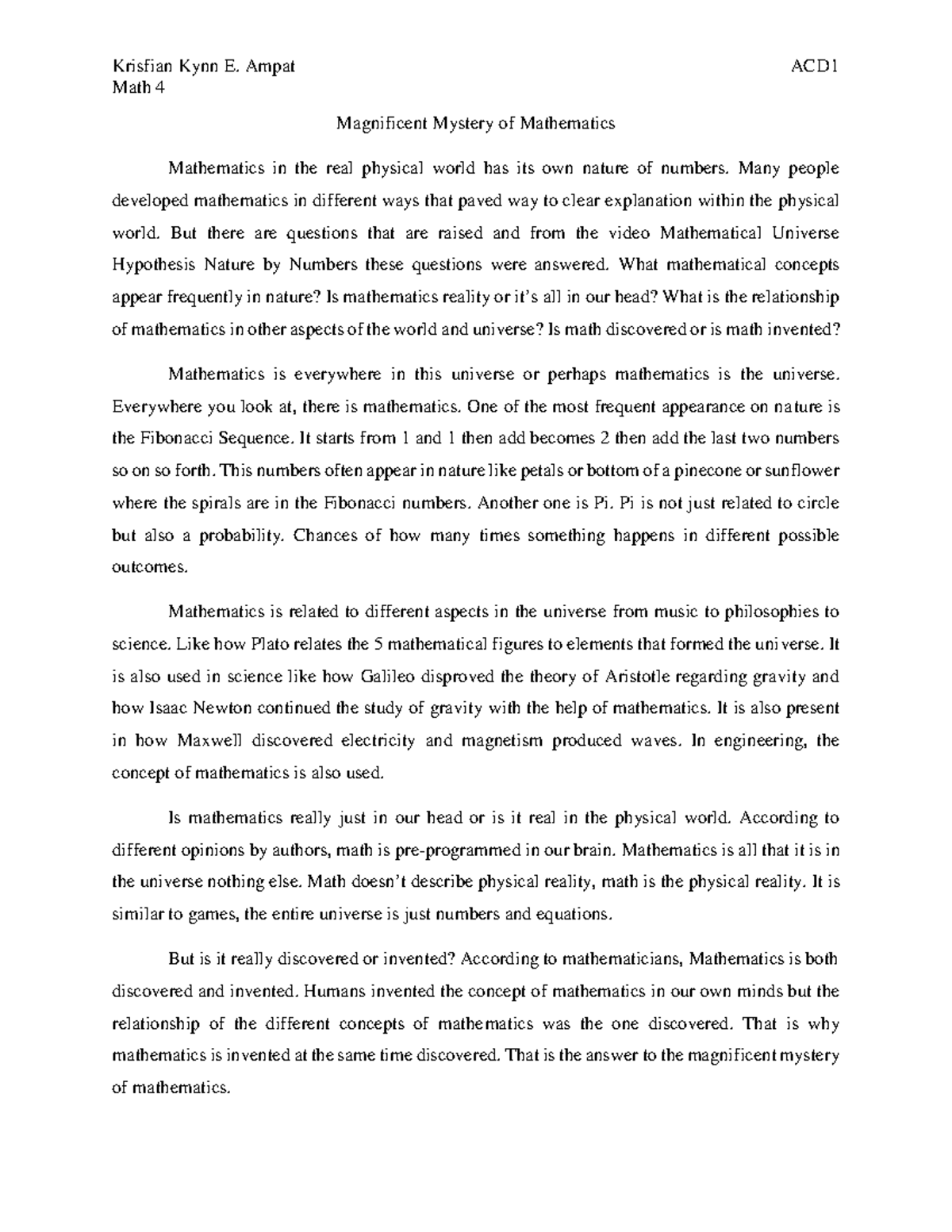 Ampat ACD 1 Essay - Krisfian Kynn E. Ampat ACD Math 4 Magnificent ...