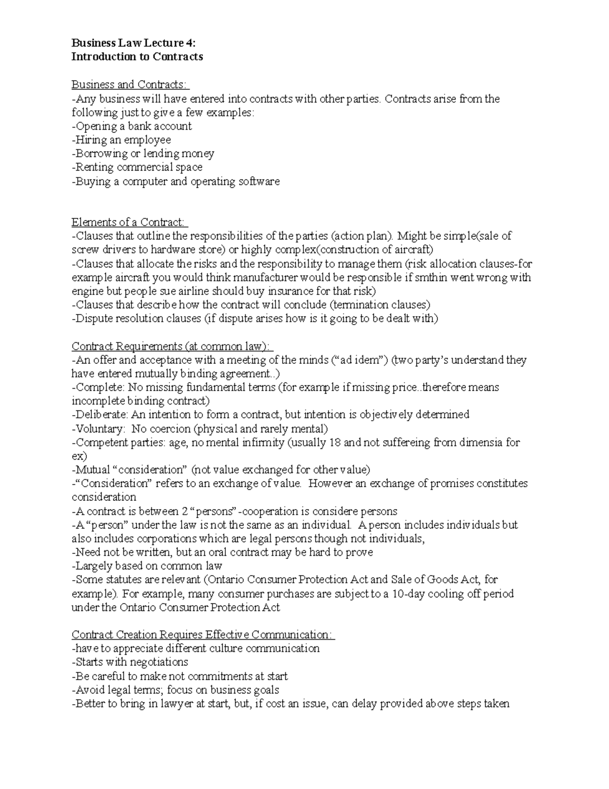 Business Law Lecture 4 Notes - Introduction to Contracts Business and ...