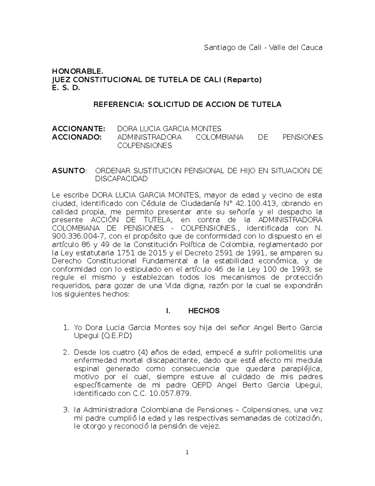 Accion Tutela - SRA LUCI - Santiago de Cali - Valle del Cauca HONORABLE ...