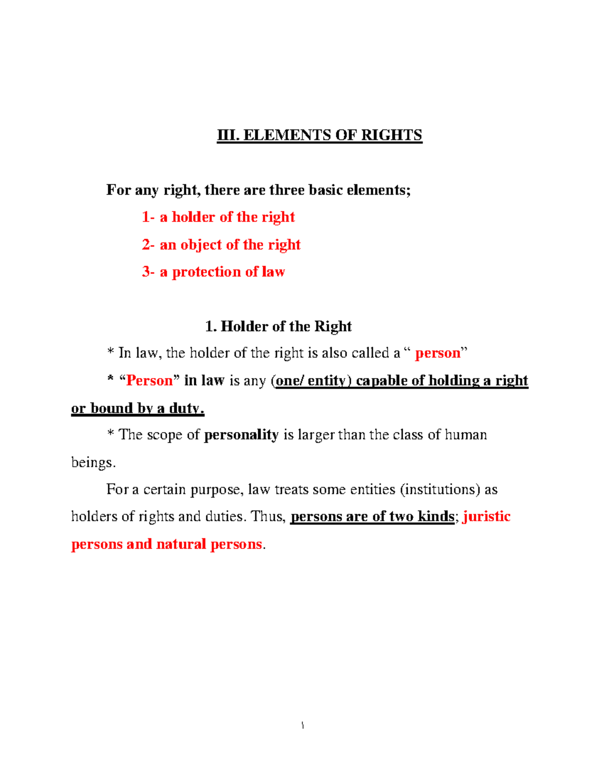 chapter 2 part 2 Natural Persons - III. ELEMENTS OF RIGHTS For any ...