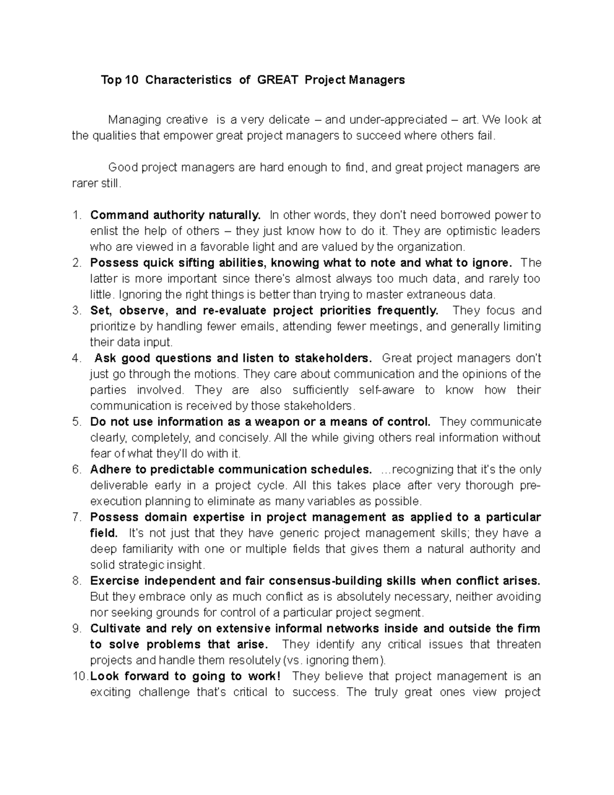 Top 10 Characteristics of Great Project - Top 10 Characteristics of ...