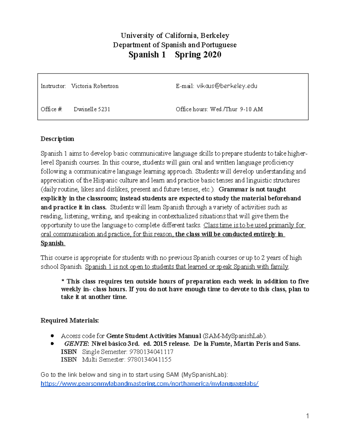 Spanish 1 Syllabus and weekly plans Sp 2020 Final Version 2 ...