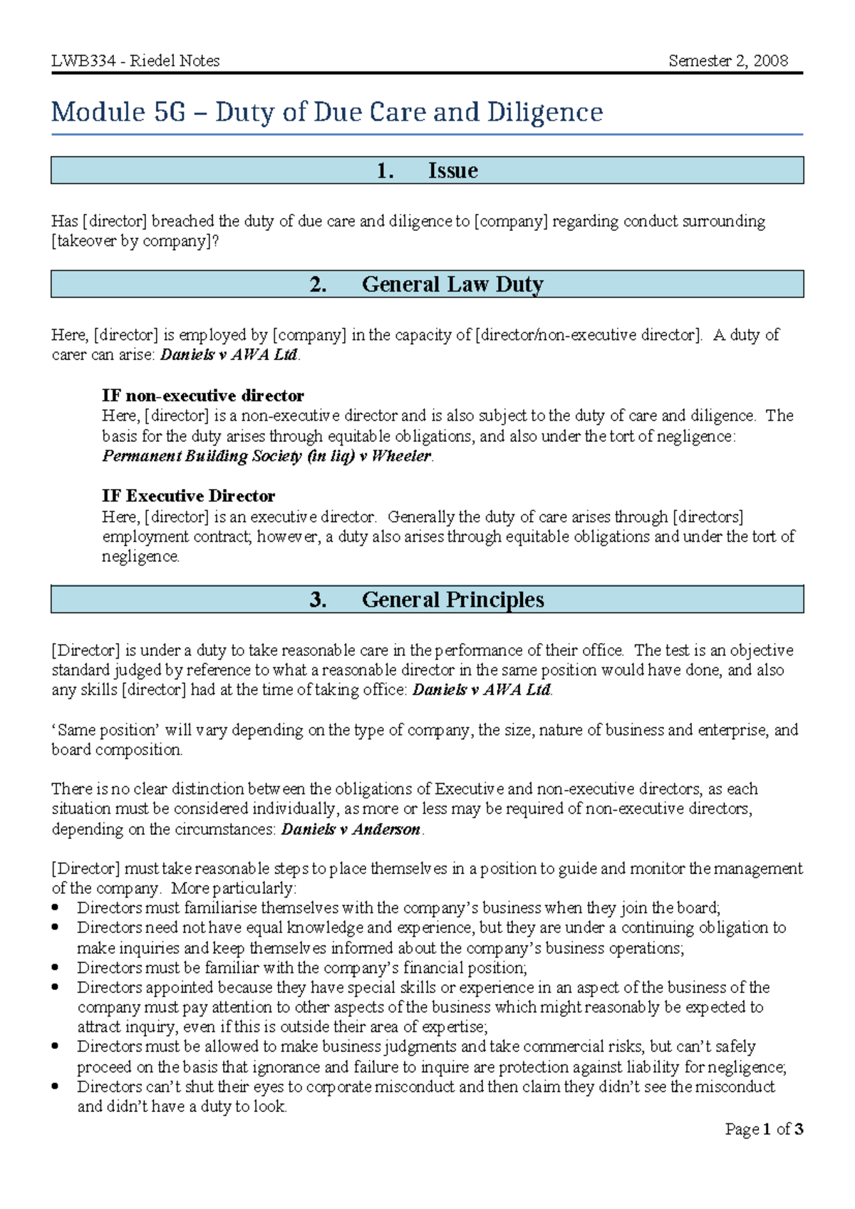 Module 5F (Wk 6) - Duty of Due Care and Diligence - LWB334 - Riedel ...
