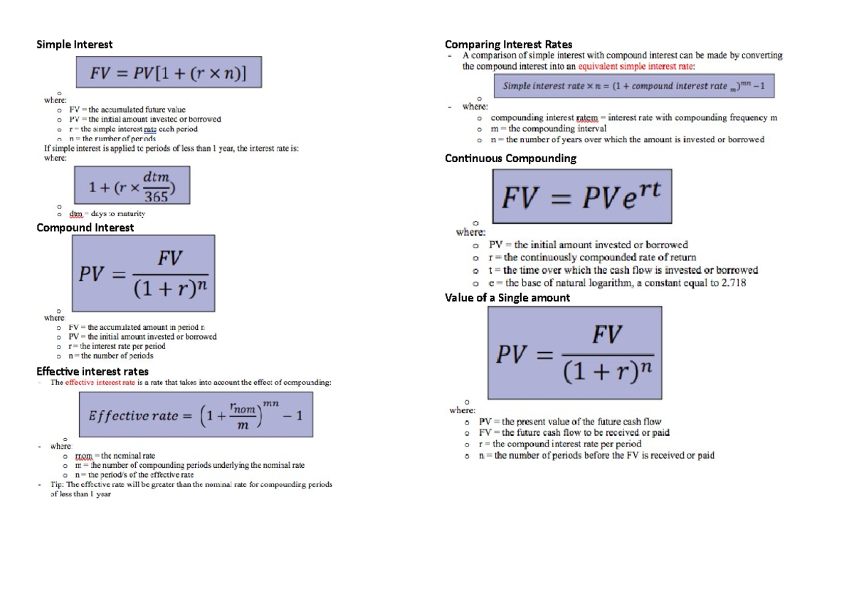 Formula Sheet Midsem - Simple Interest Compound Interest Effective ...
