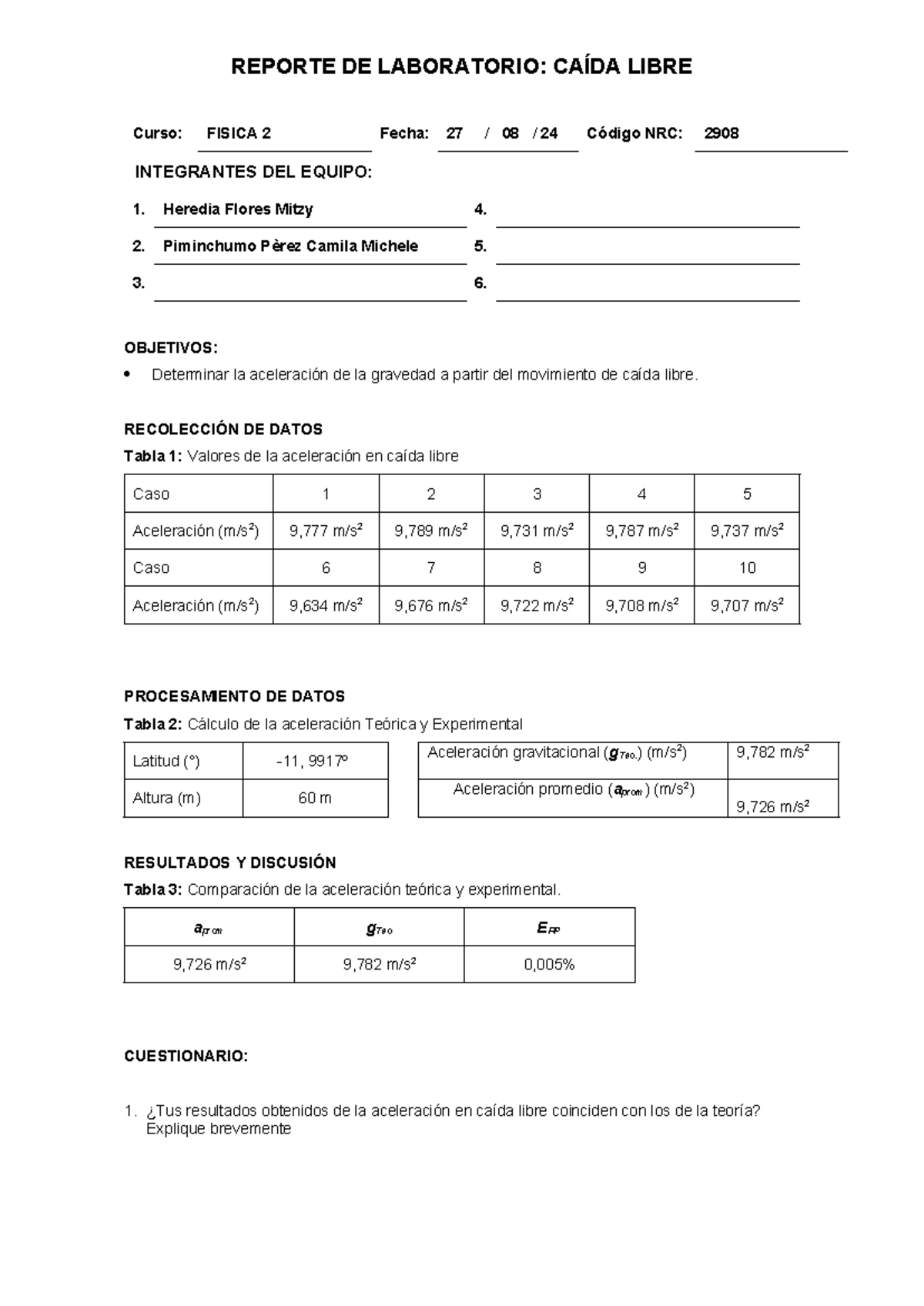 Reporte LAB FISI1 S03 CL 2024 - REPORTE DE LABORATORIO: CAÍDA LIBRE Curso: FISICA 2 Fecha: 27 ...
