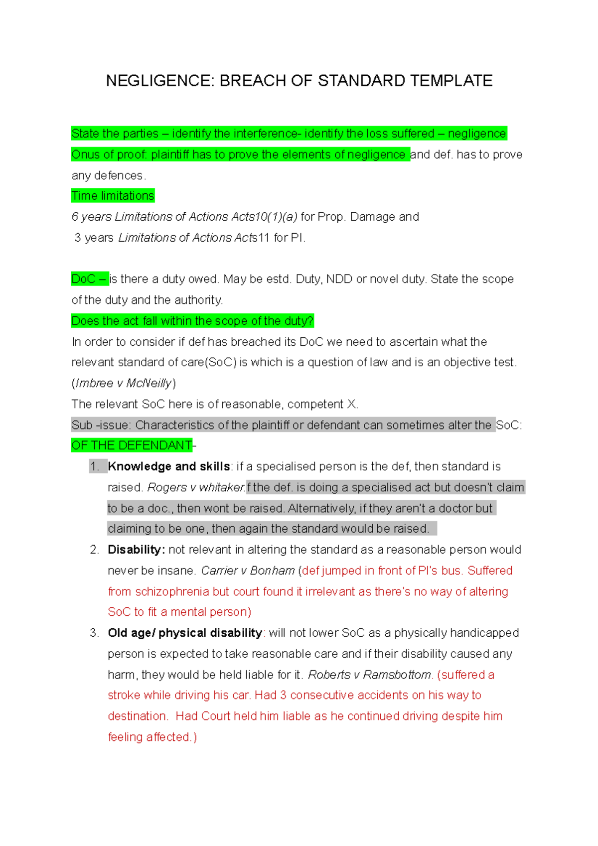 Breach element template - NEGLIGENCE: BREACH OF STANDARD TEMPLATE State ...