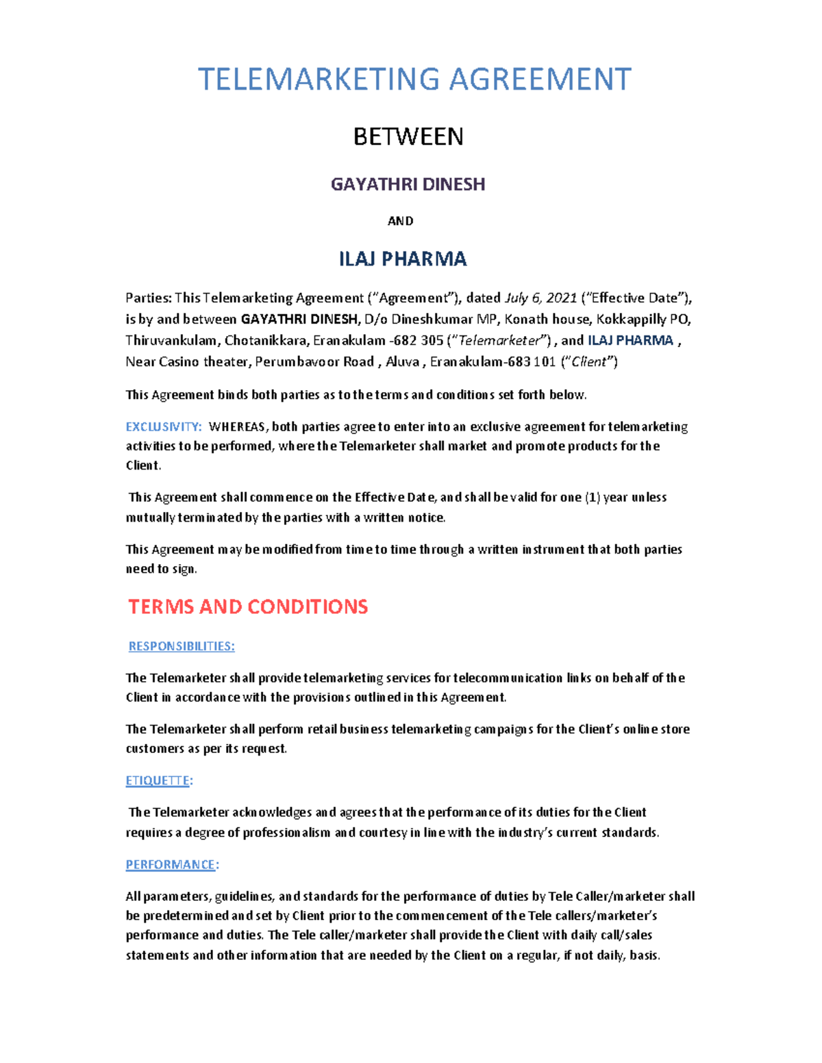 Telemarketing contract pdf - TELEMARKETING AGREEMENT BETWEEN GAYATHRI ...