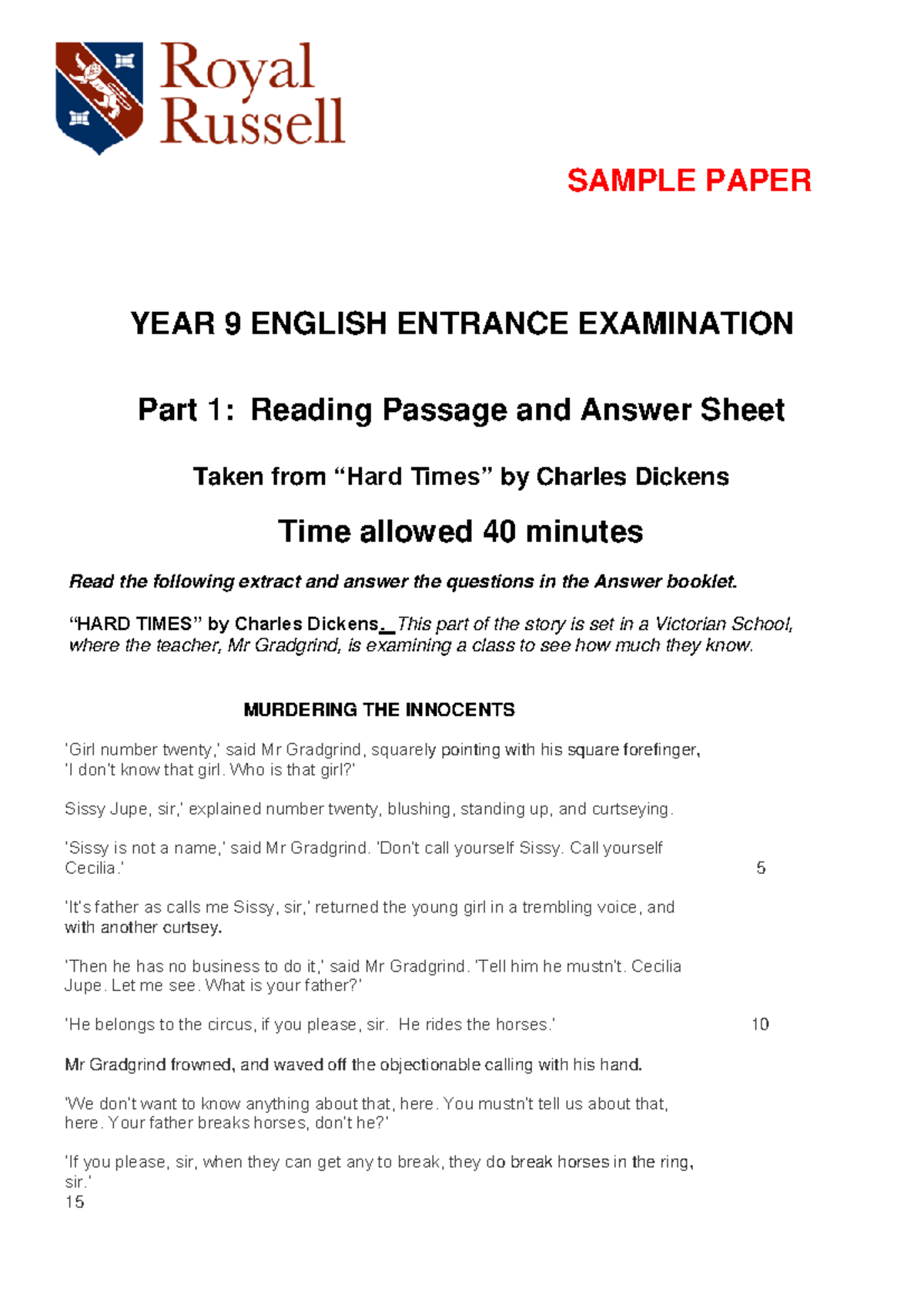 17 Sample Yr 9 English Part 1 Reading Comprehension Gradgrind Table ...