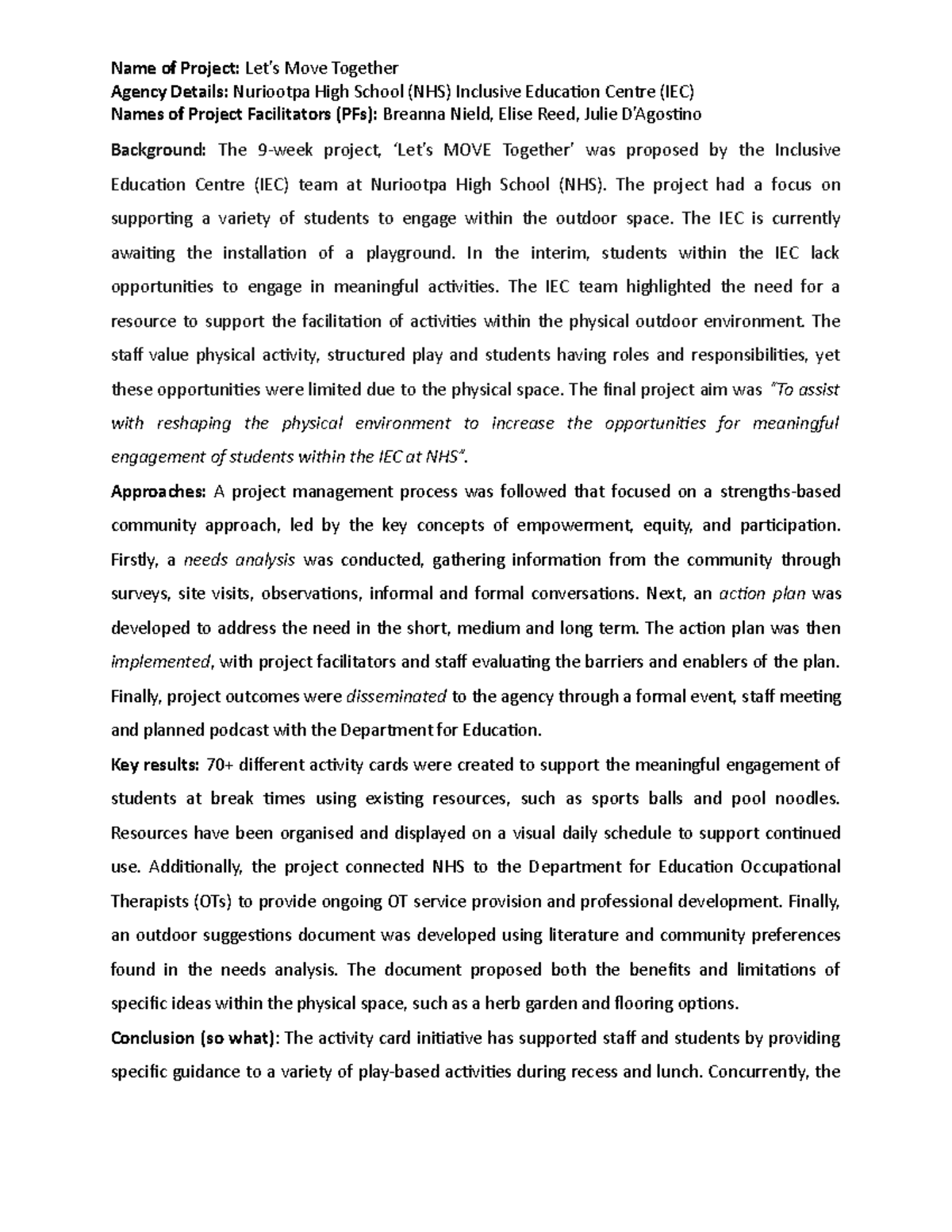 Final Project Abstract - Name of Project: Let’s Move Together Agency ...