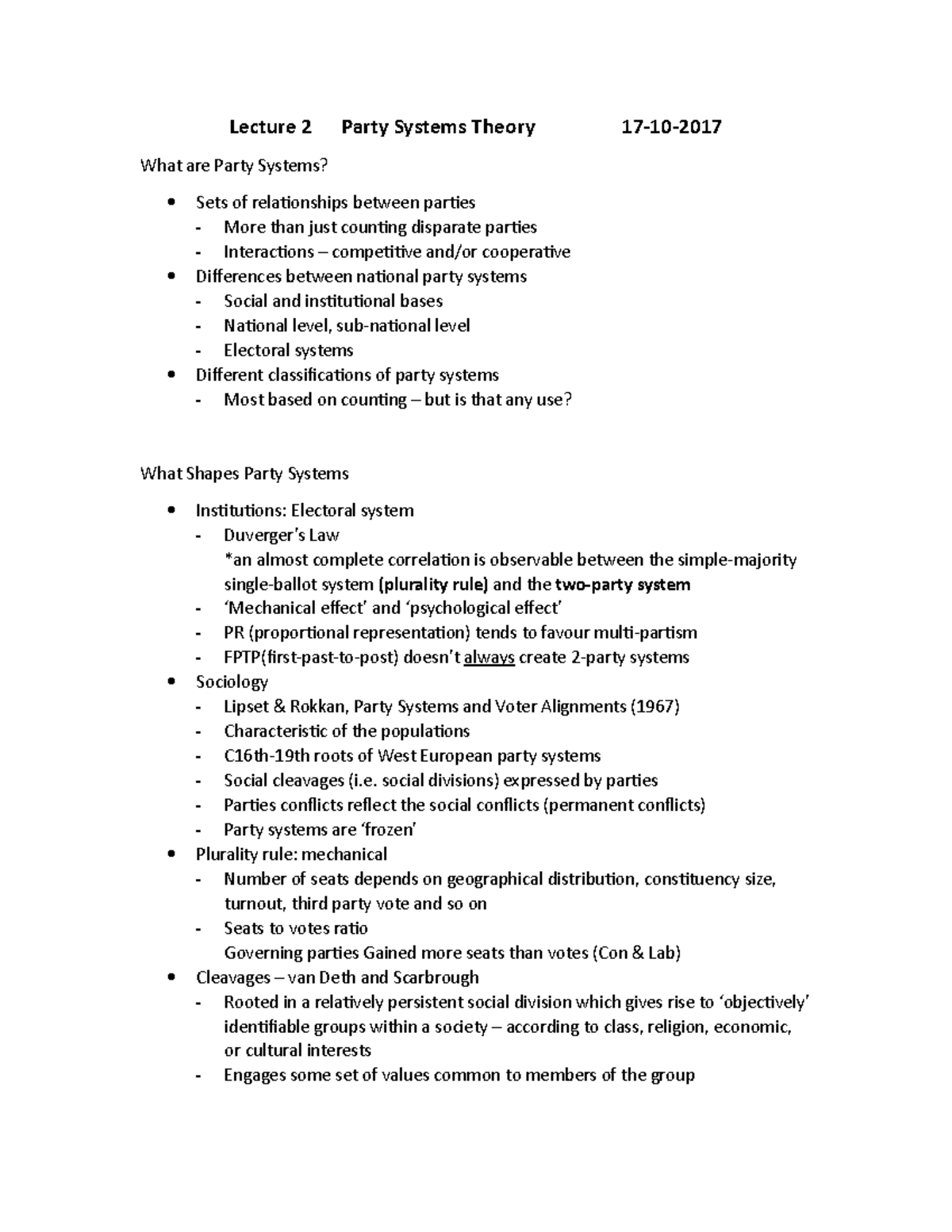 Lecture 2 - notes - Lecture 2 Party Systems Theory 17-10-2017 What are ...